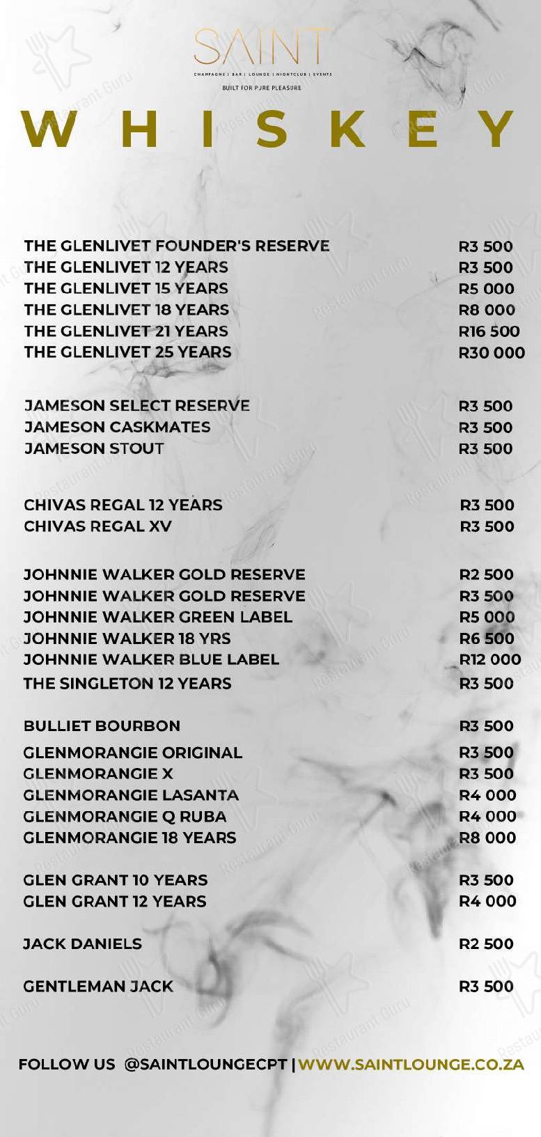 Menu at Saint Champagne Bar & Lounge - Nightclub, Cape Town