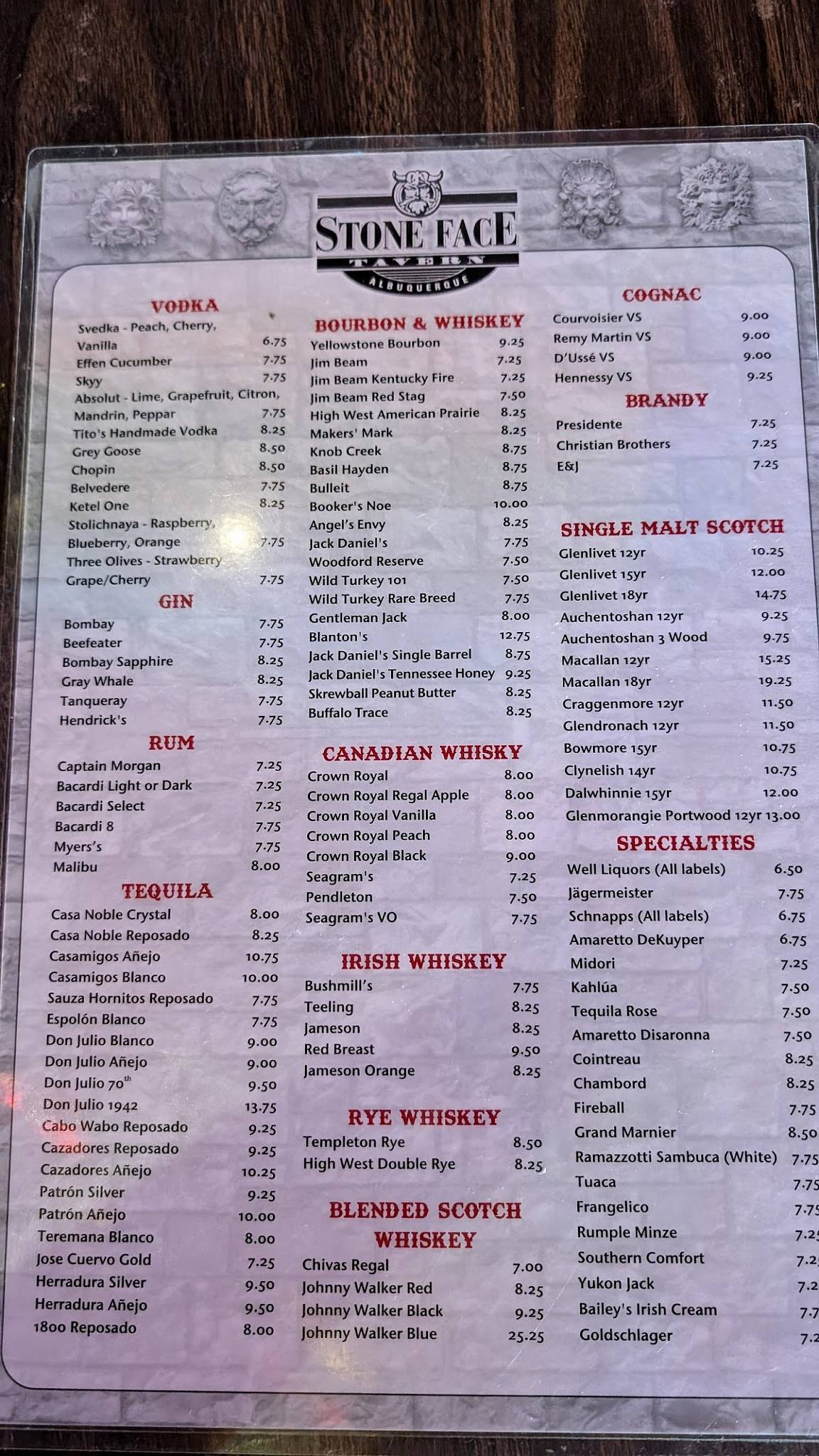 Menu at Stone Face Tavern pub & bar, Albuquerque