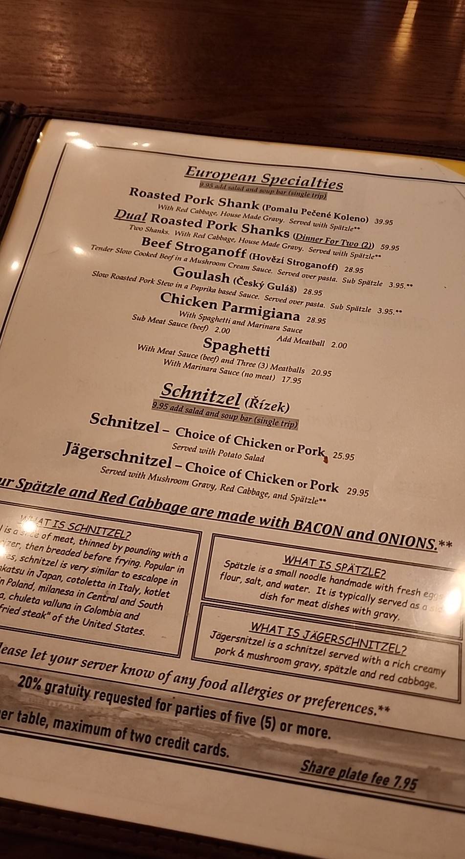Menu at Taste of Europe pub & bar, South Lake Tahoe