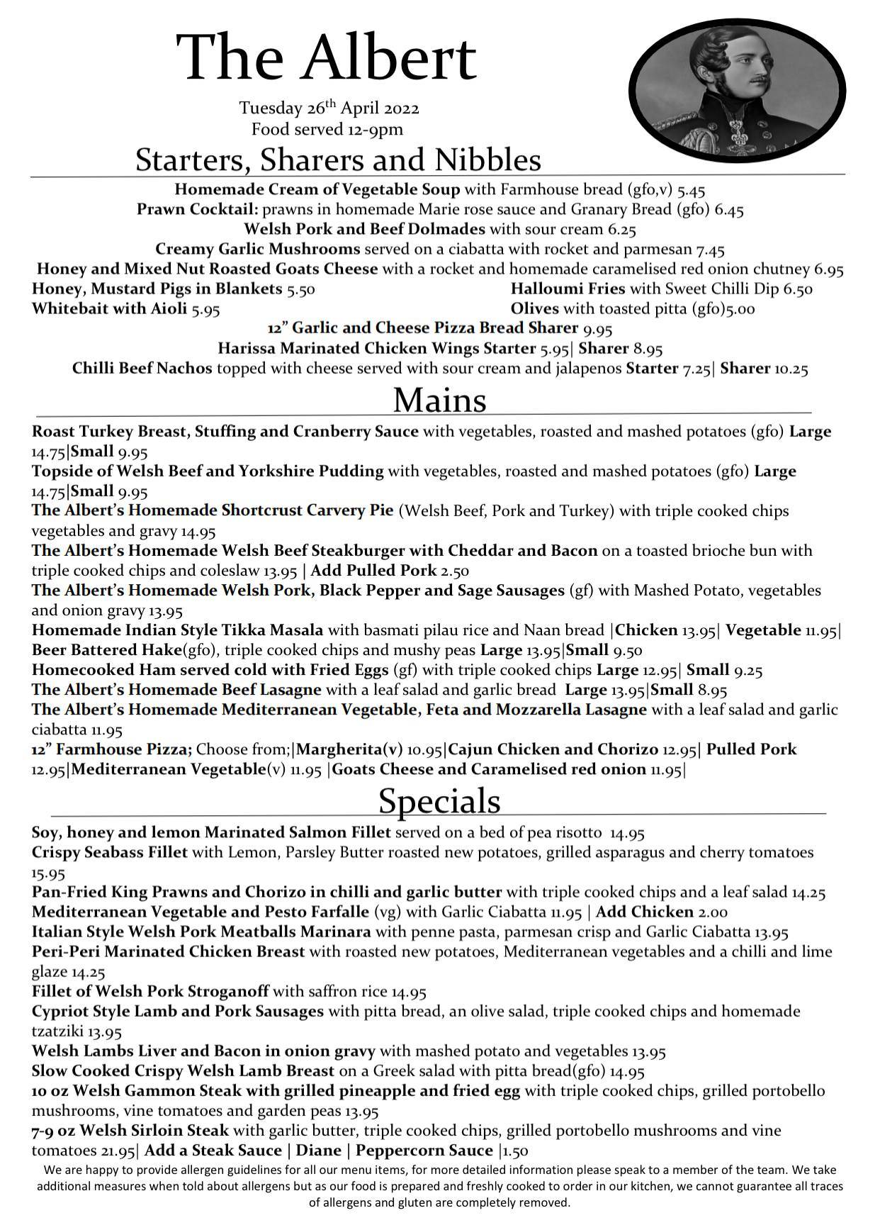 Menu at The Albert pub & bar, Llandudno