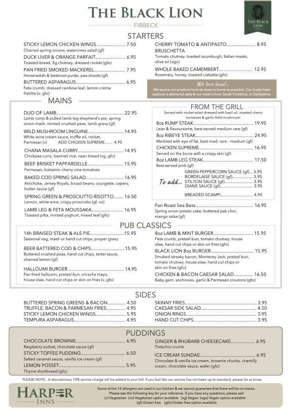 Menu at The Black Lion Inn pub & bar, Firbeck, 9 New Rd