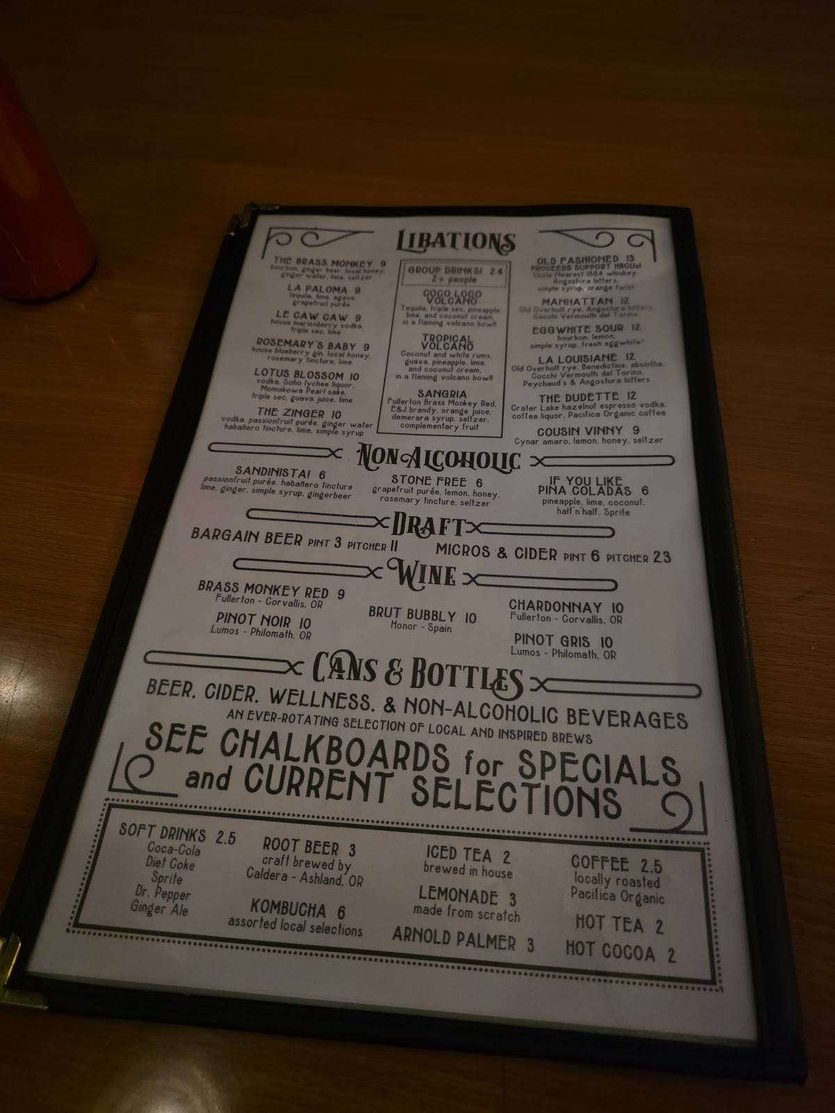 Menu at The Brass Monkey pub & bar, Corvallis