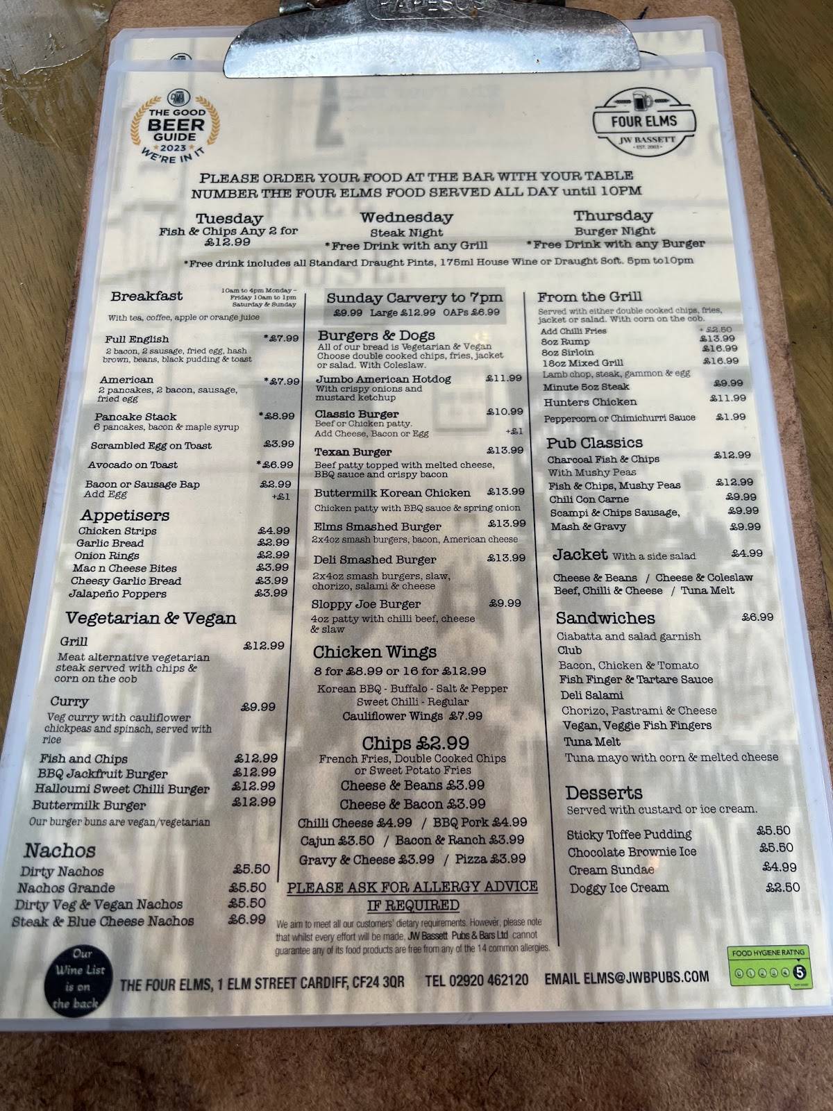 Menu at The Four Elms - JW Bassett Pub, Cardiff