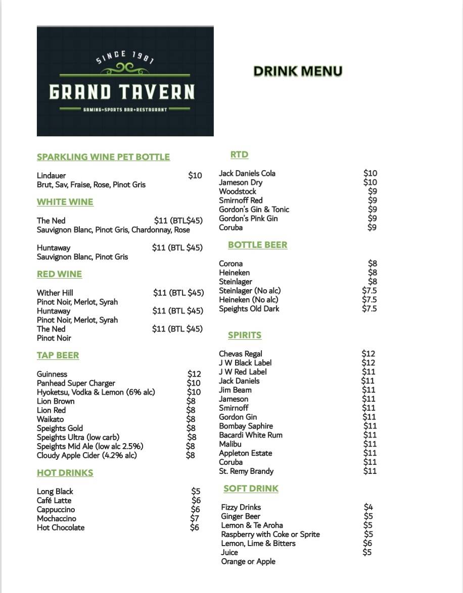 Menu at The Grand Tavern pub & bar, Te Aroha