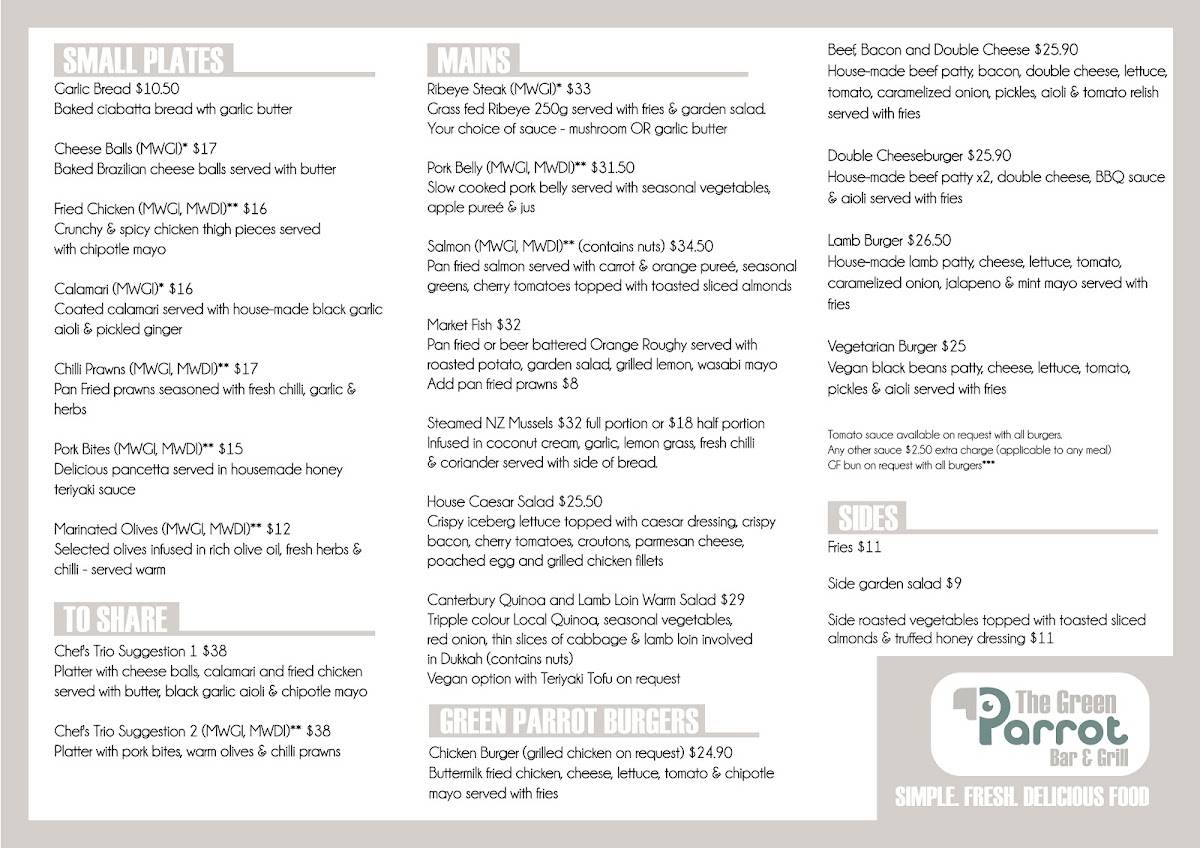 Menu at The Green Parrot Bar & Grill, Methven