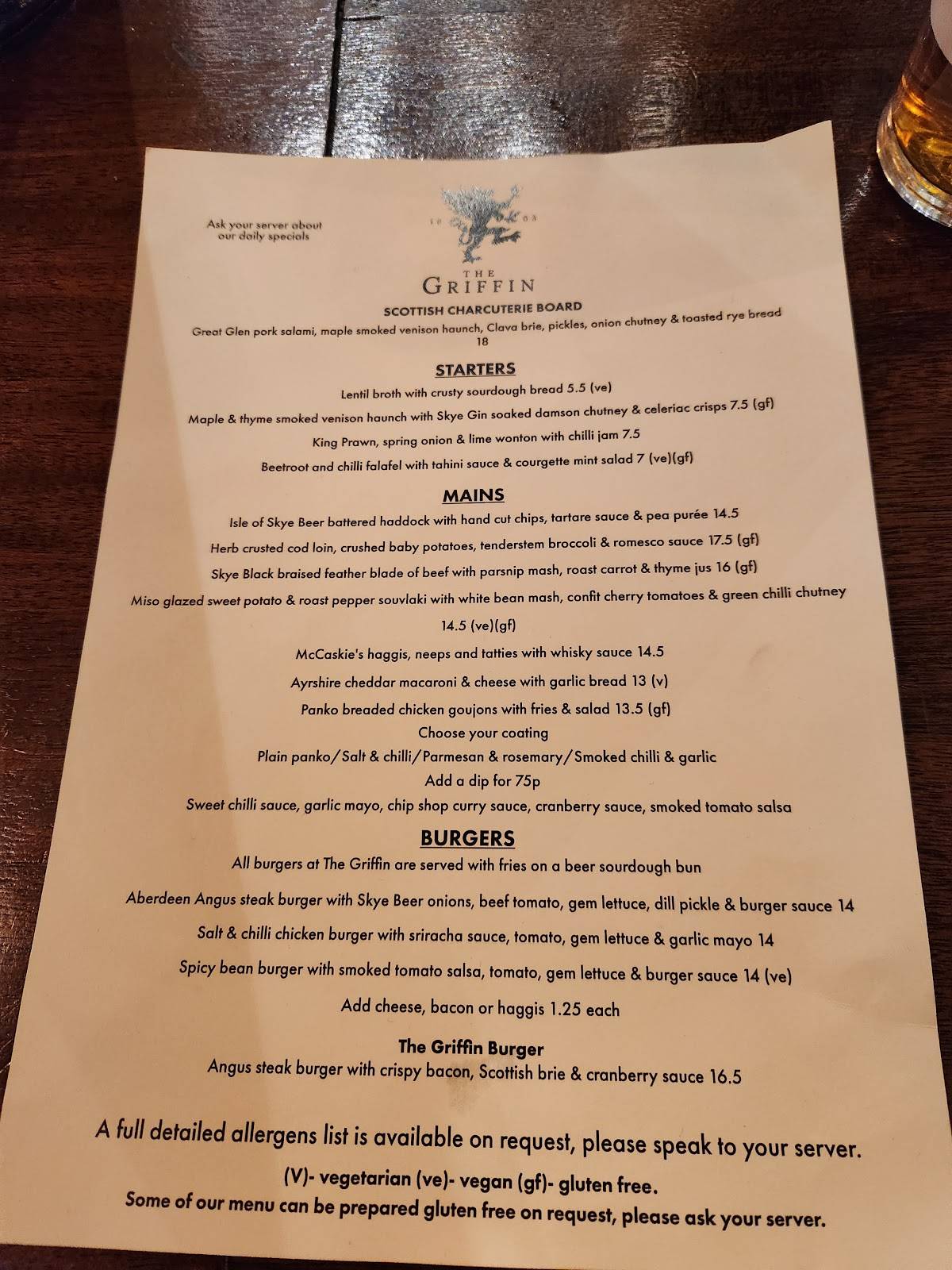 Menu at The Griffin pub & bar, Glasgow