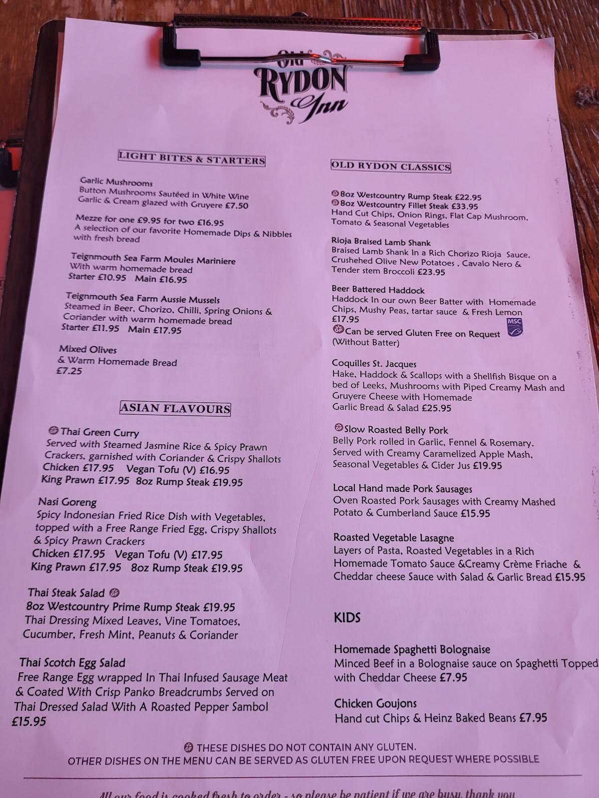Menu at The Old Rydon Inn pub & bar, Newton Abbot