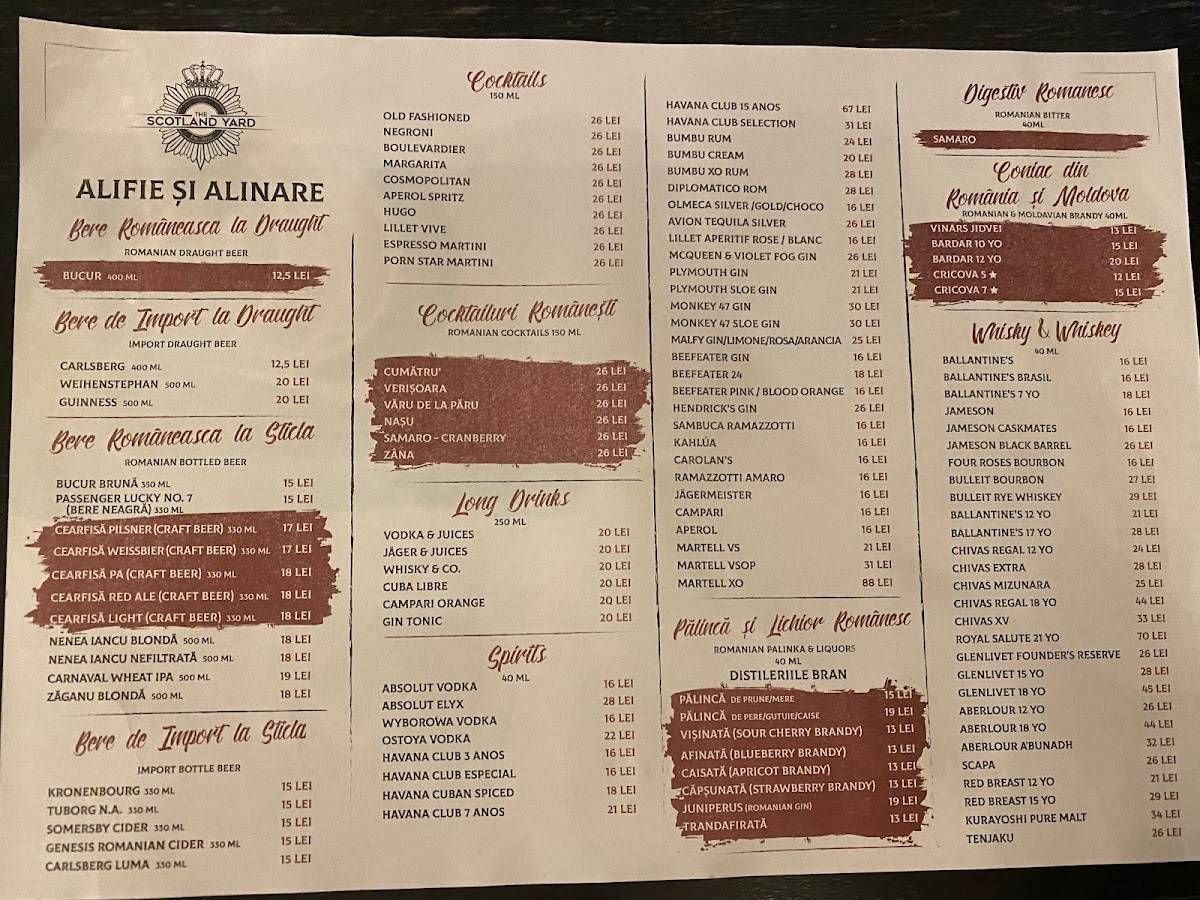 Menu at The Scotland Yard, Timișoara