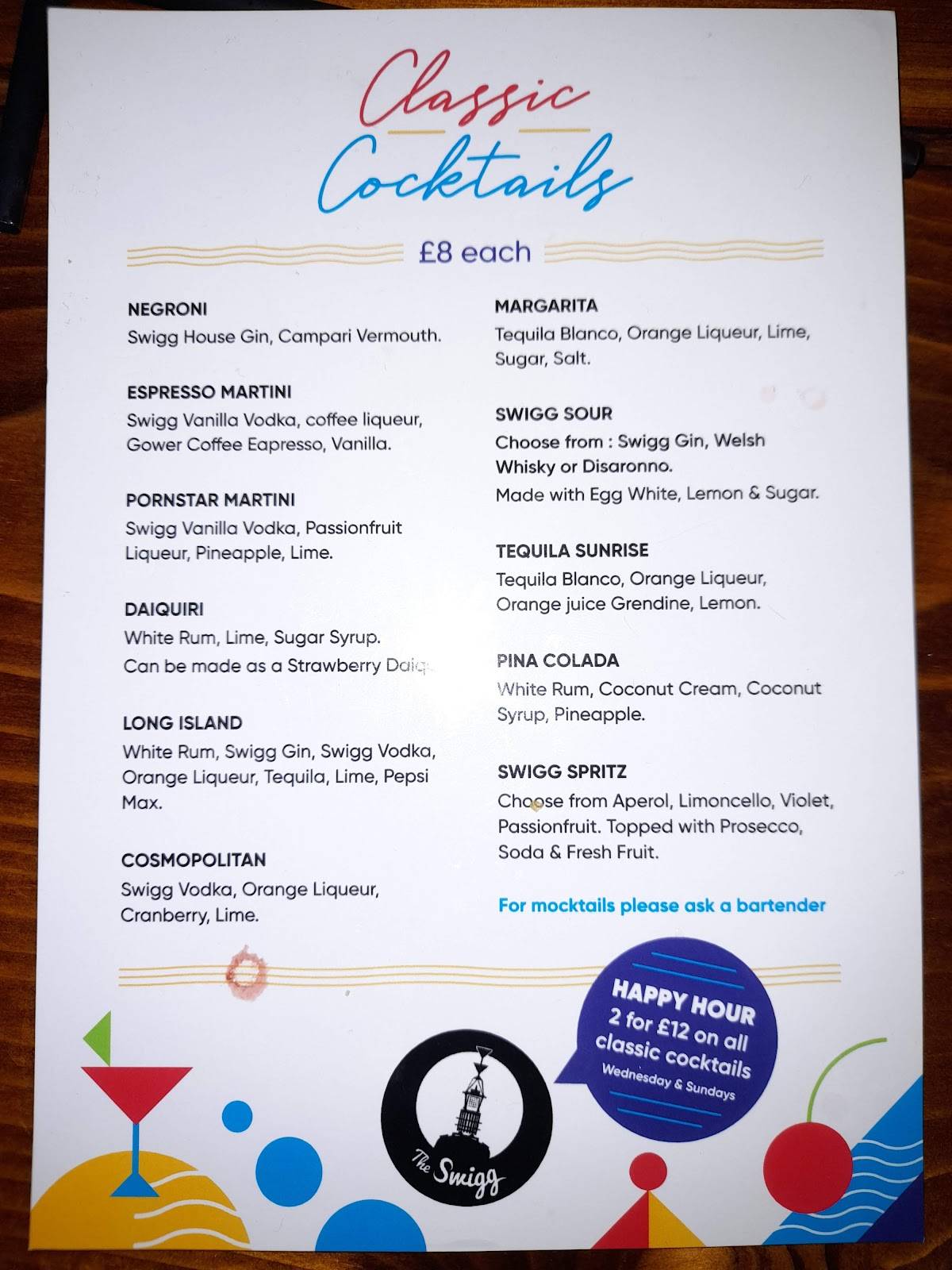 Menu at The Swigg pub & bar, Swansea