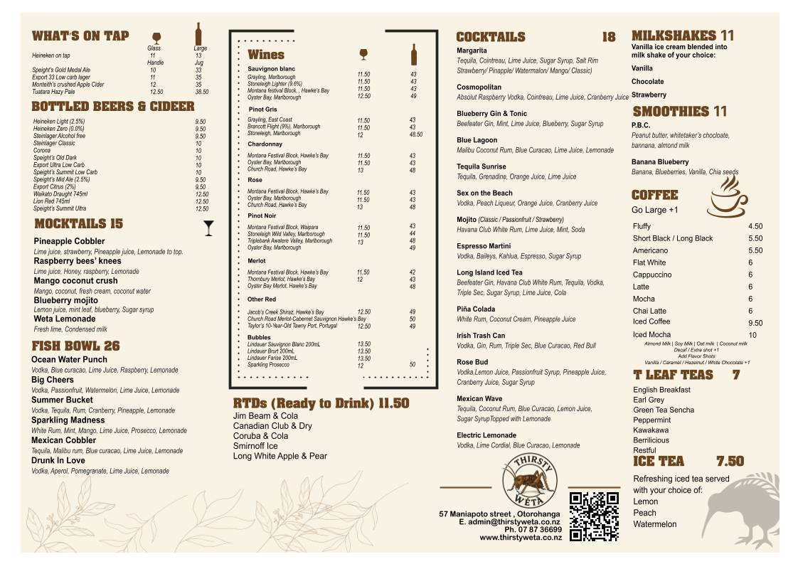 Menu at The Thirsty Weta Bar & Eatery, Otorohanga