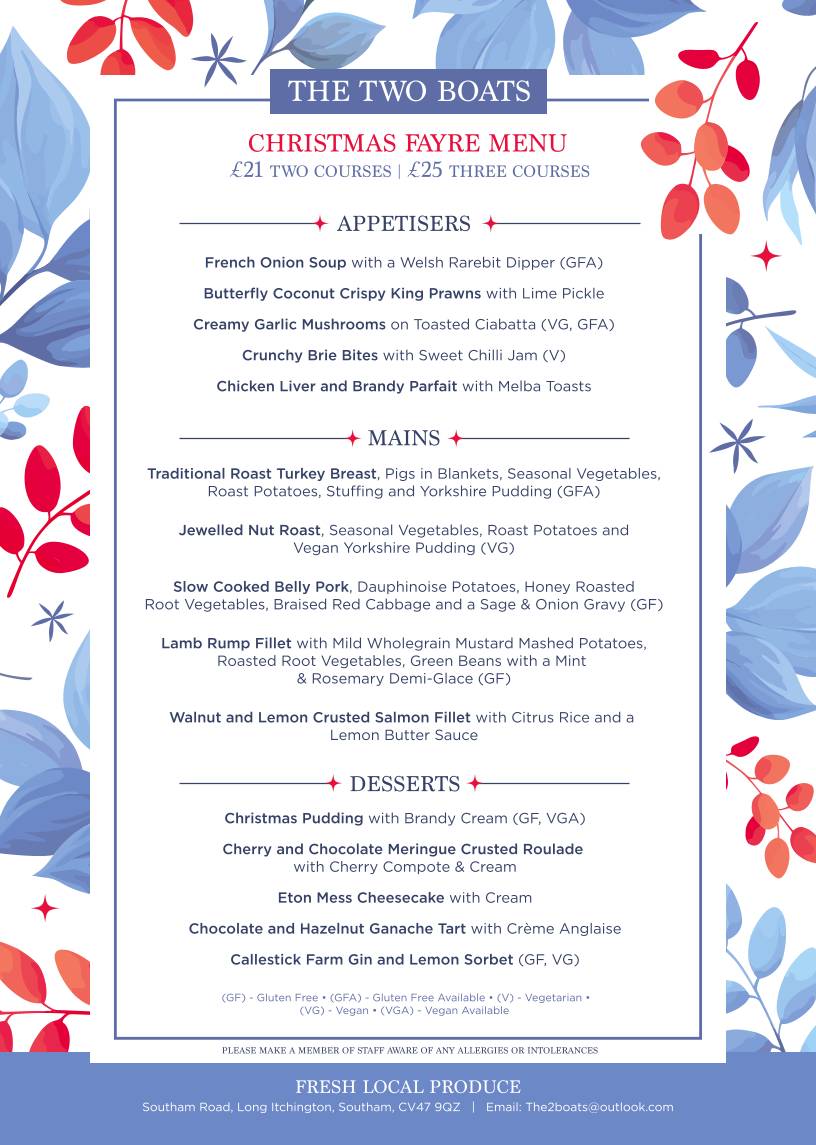 Menu at The Two Boats Inn pub & bar, Long Itchington