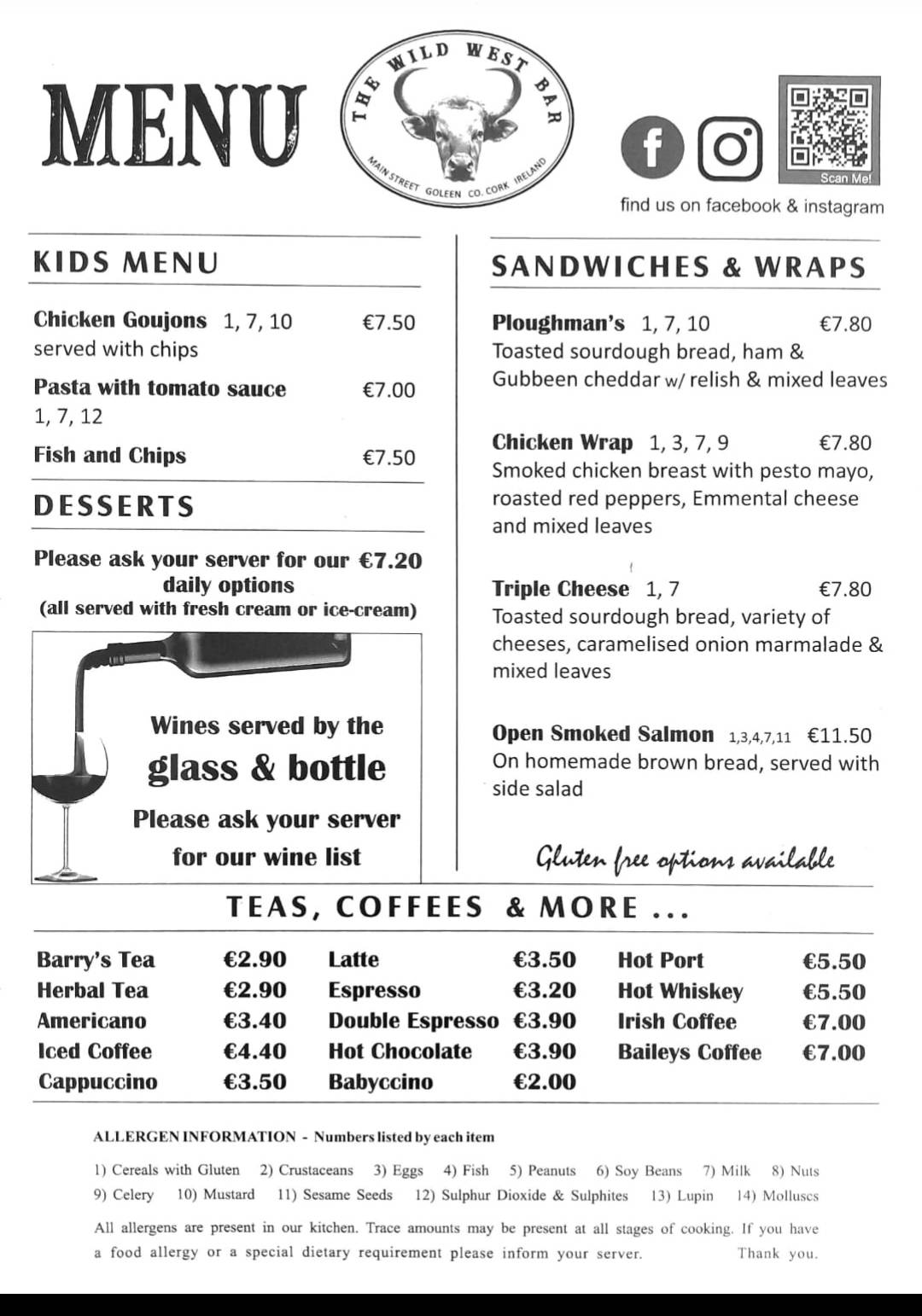 Menu at The Wild West Bar, Goleen