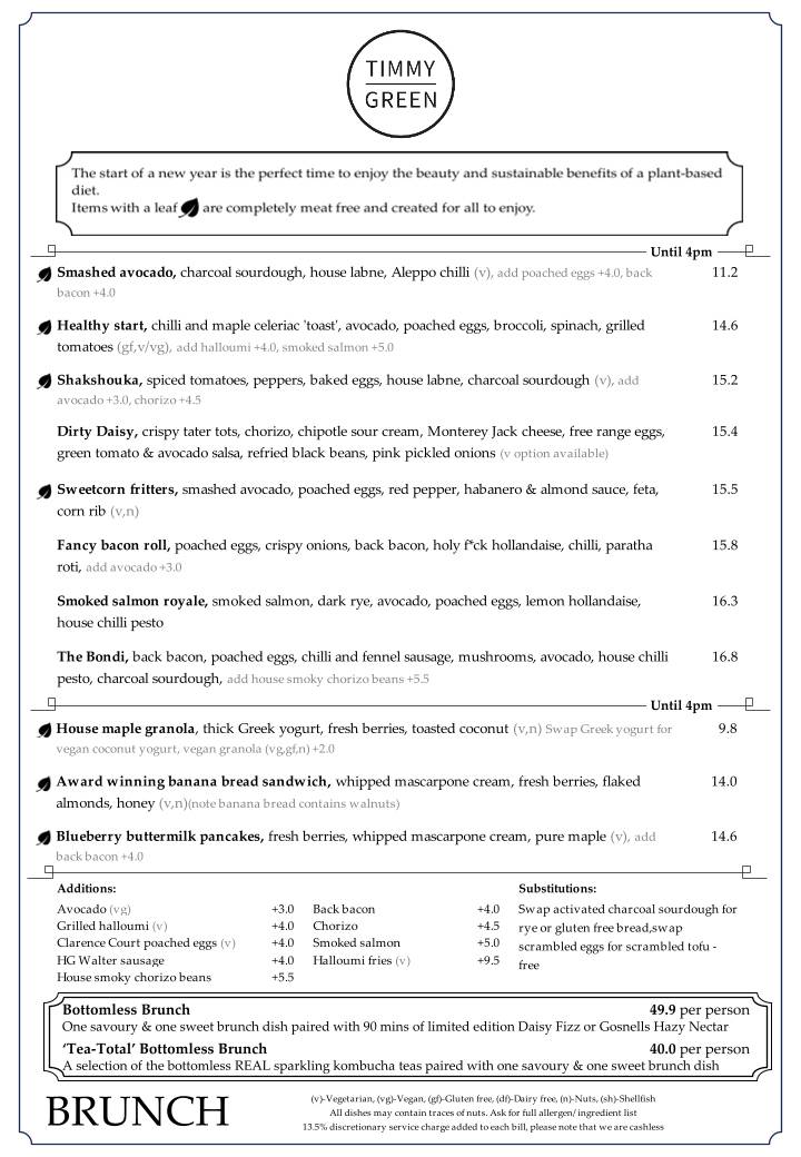 Menu at Timmy Green pub & bar, London