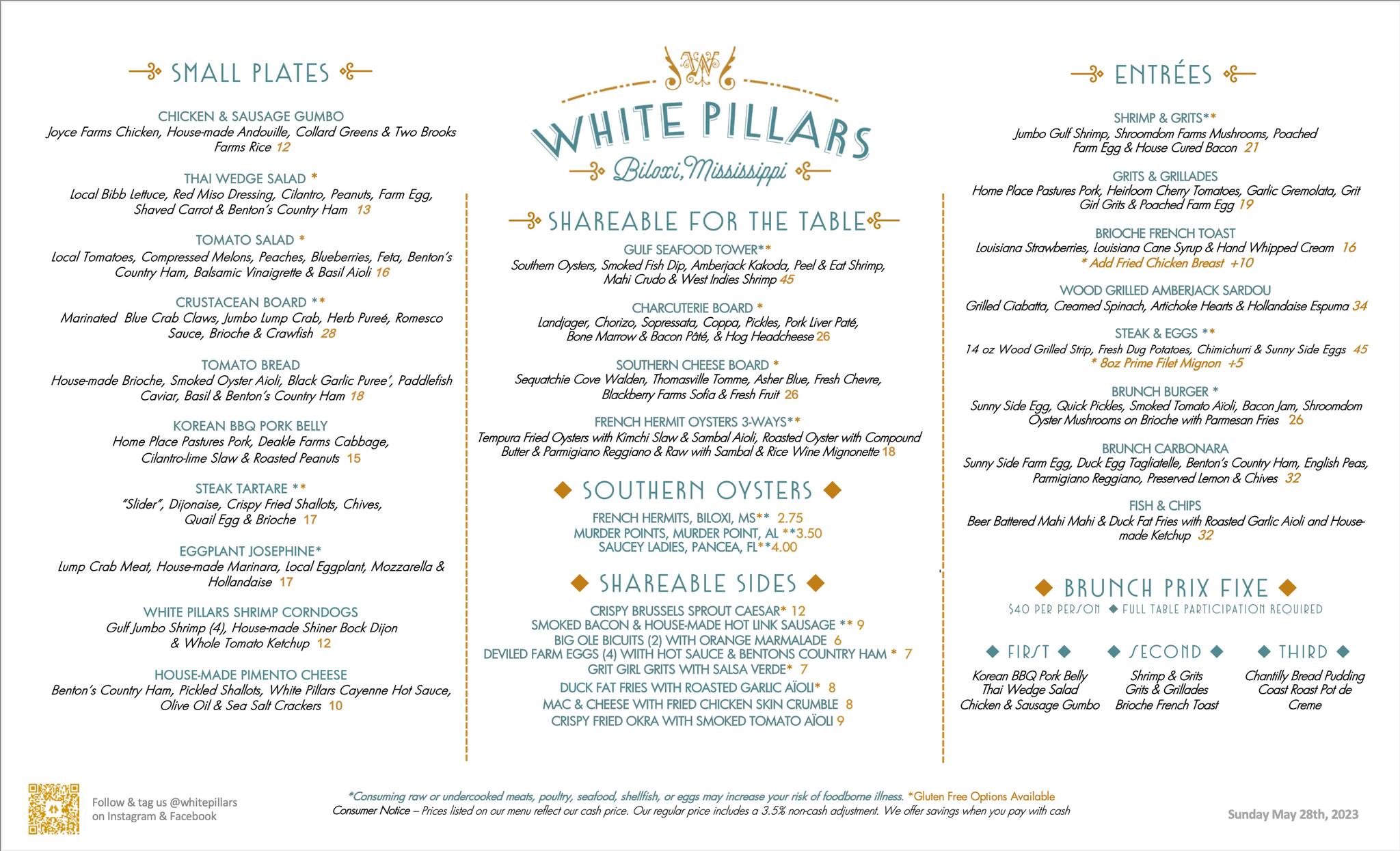 Menu at White Pillars Restaurant and Lounge, Biloxi