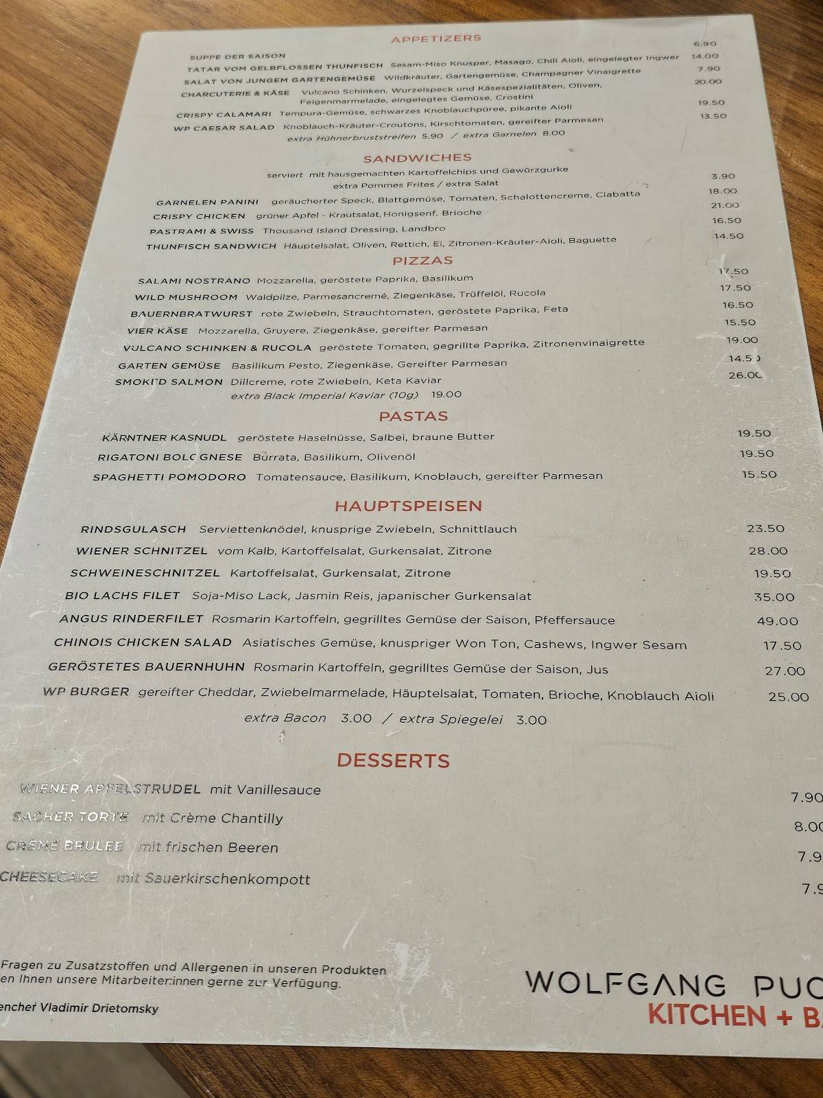 Speisekarte von Wolfgang Puck Kitchen & Bar, Schwechat