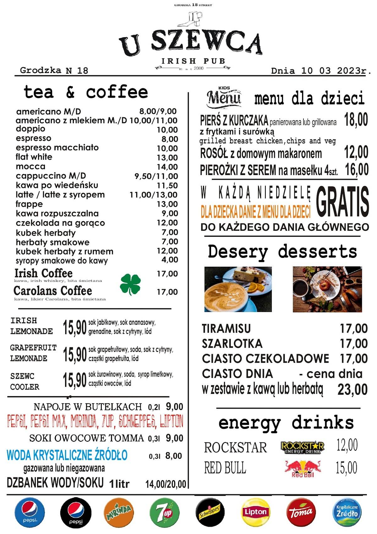 Menu at Pub u Szewca, Lublin