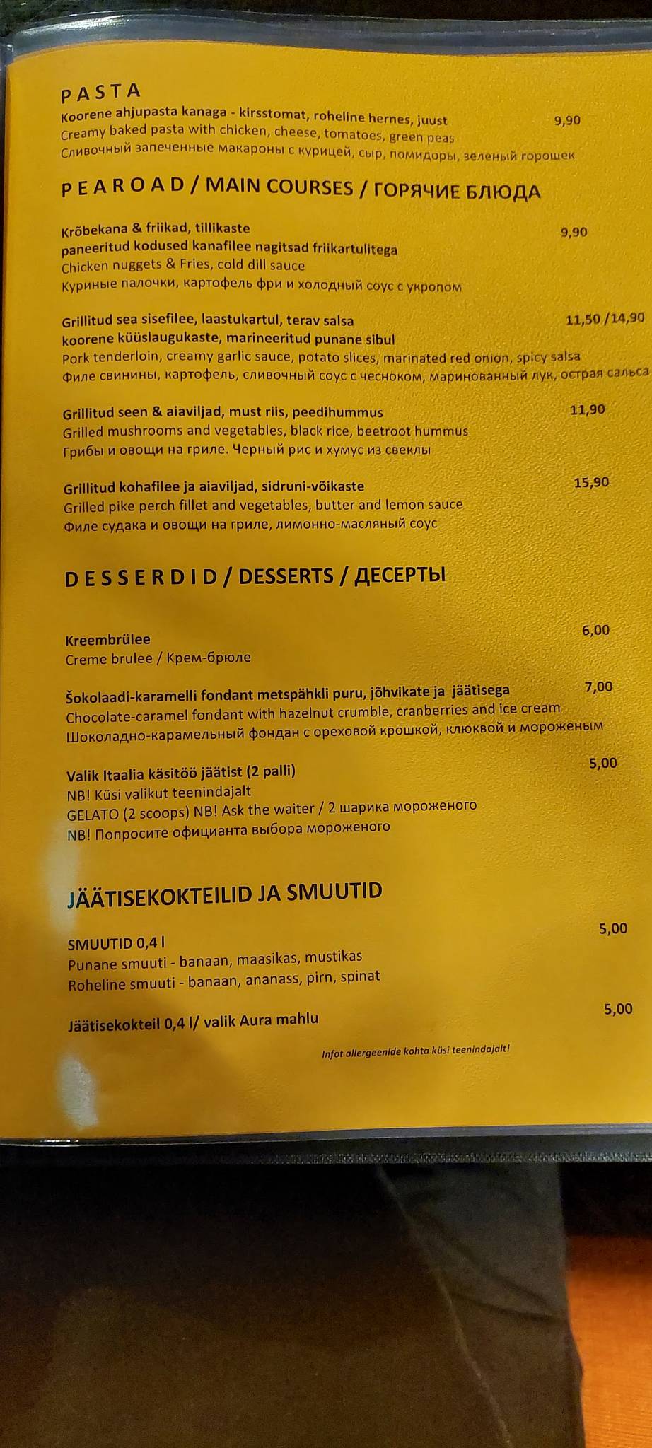 Menu at Pubi nr. 17, Võru