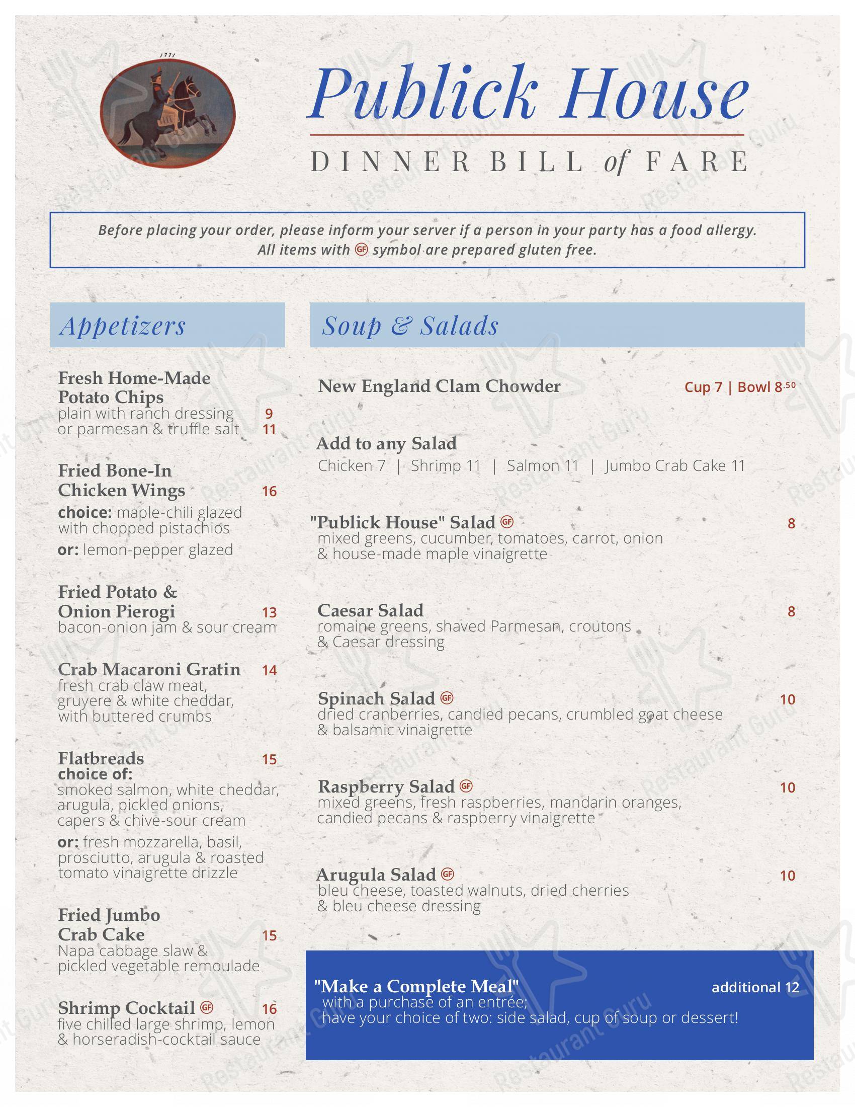 Menu at Publick House Historic Inn, Sturbridge