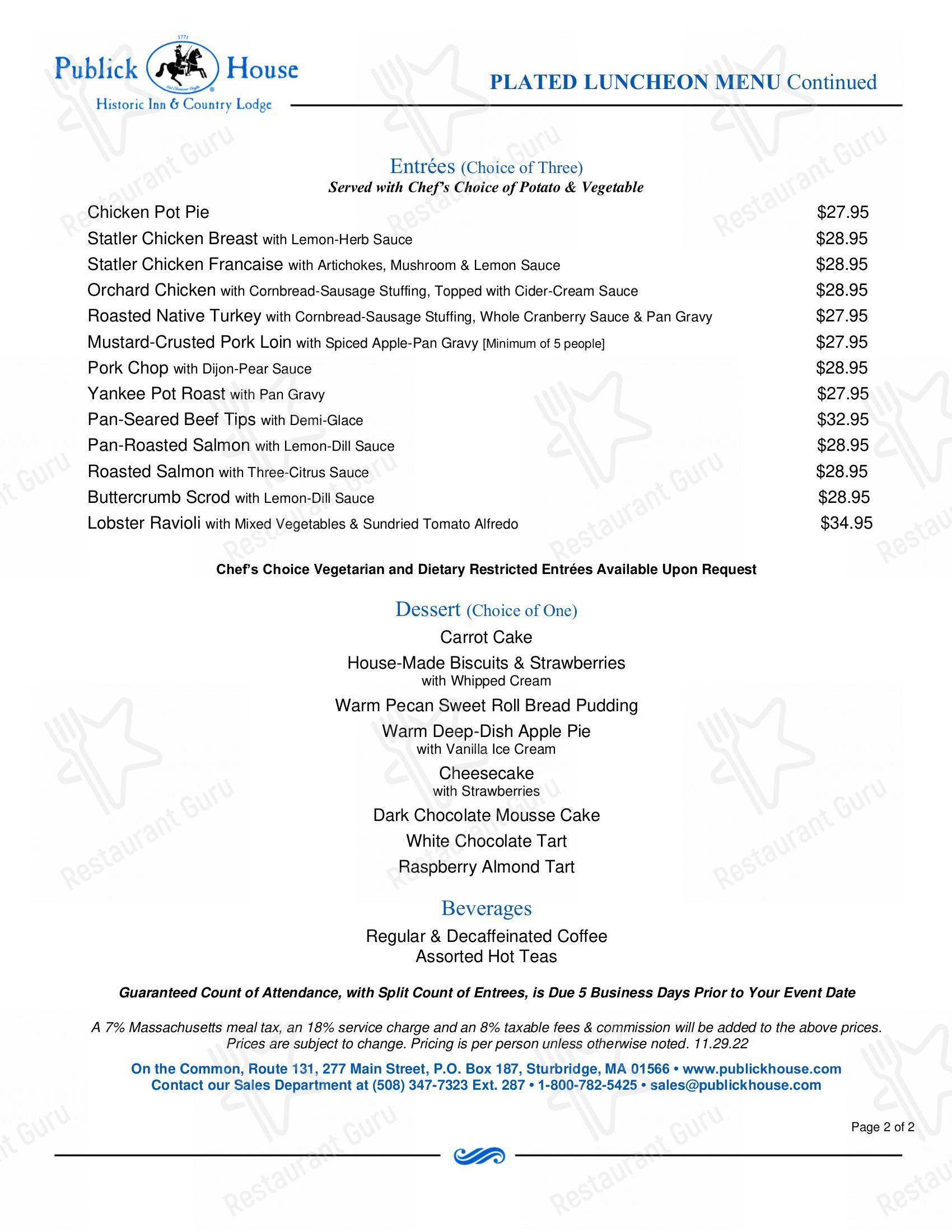 Menu at Publick House Historic Inn, Sturbridge