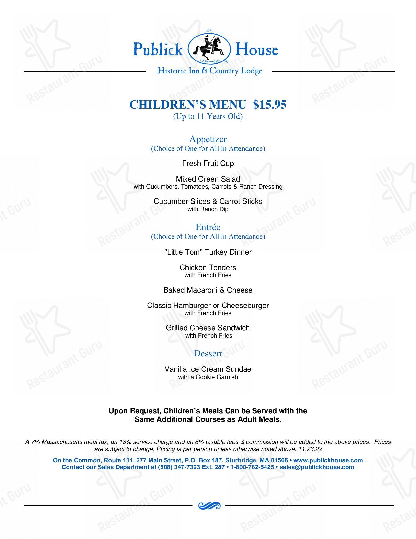 Menu at Publick House Historic Inn, Sturbridge