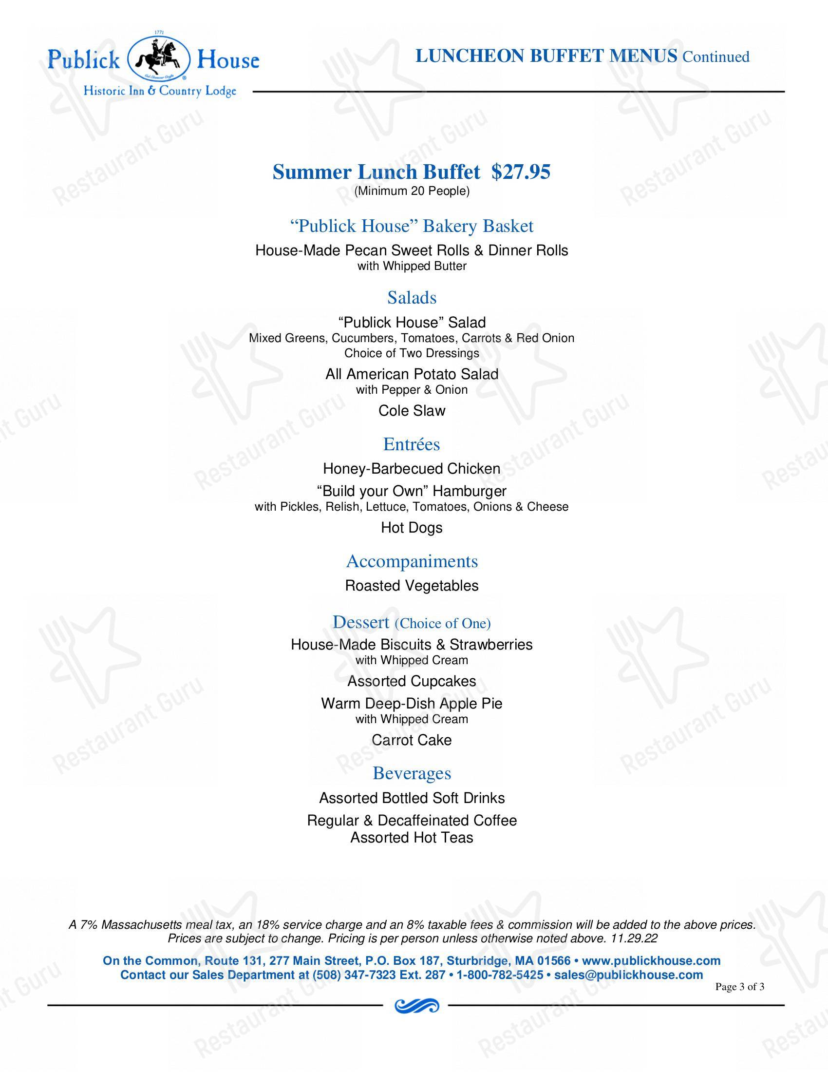 Menu at Publick House Historic Inn, Sturbridge