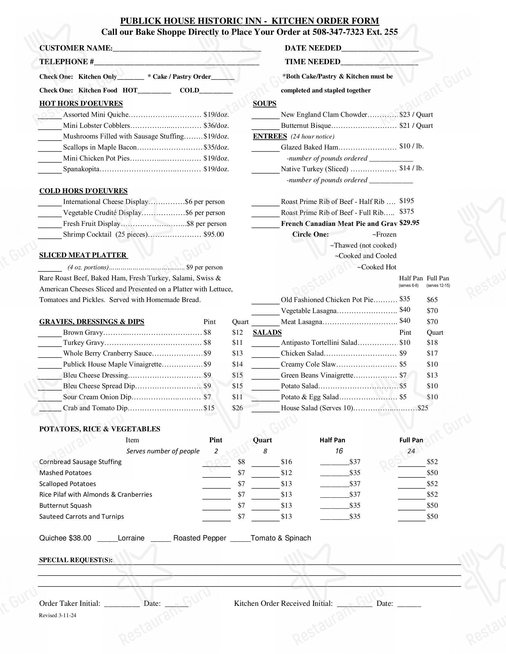 Menu at Publick House Historic Inn, Sturbridge