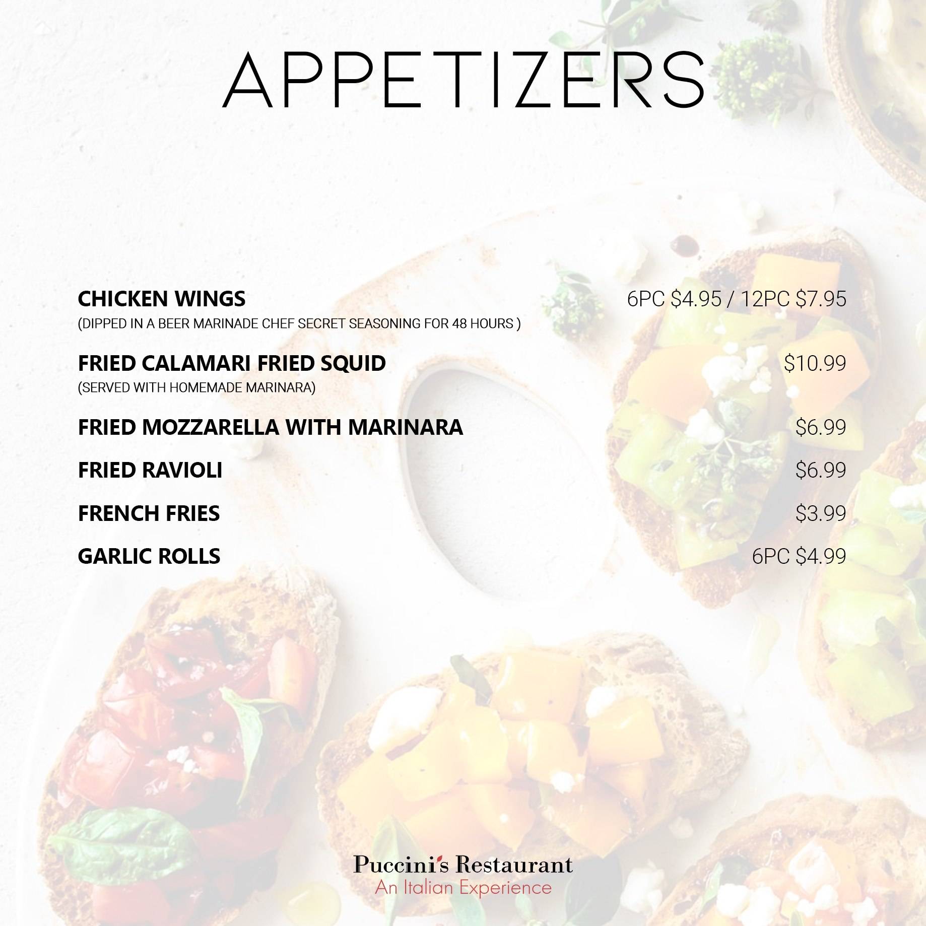 Carta de Puccini's Restaurant & Pizza - Plantation, Plantation