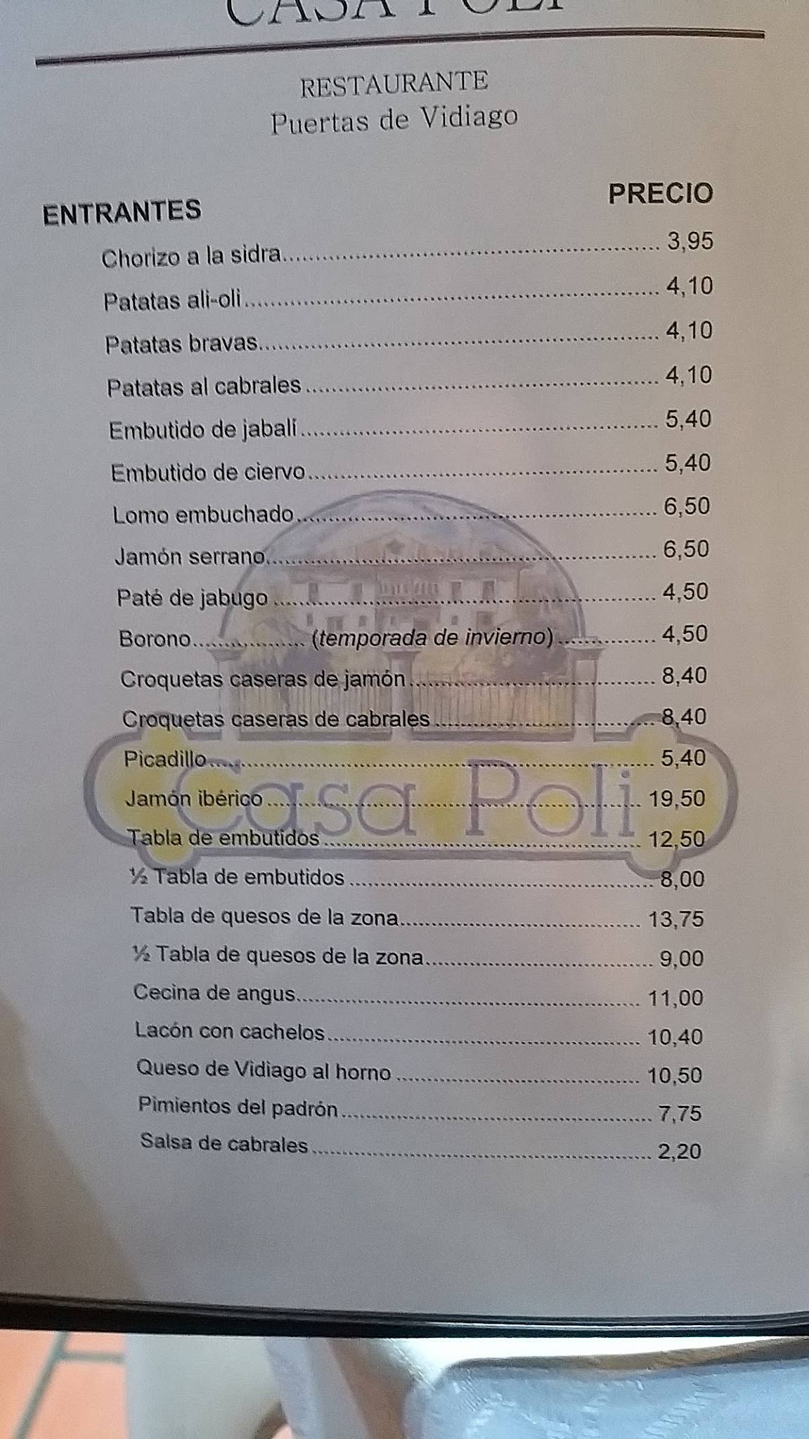 Carta de Restaurante Casa Poli, Puertas de Vidiago
