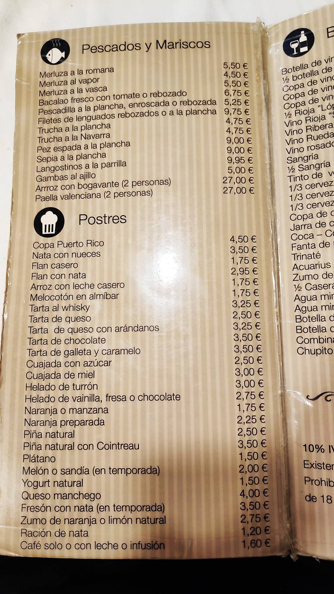 Menu at Puerto Rico restaurant, Madrid, Calle de Chinchilla