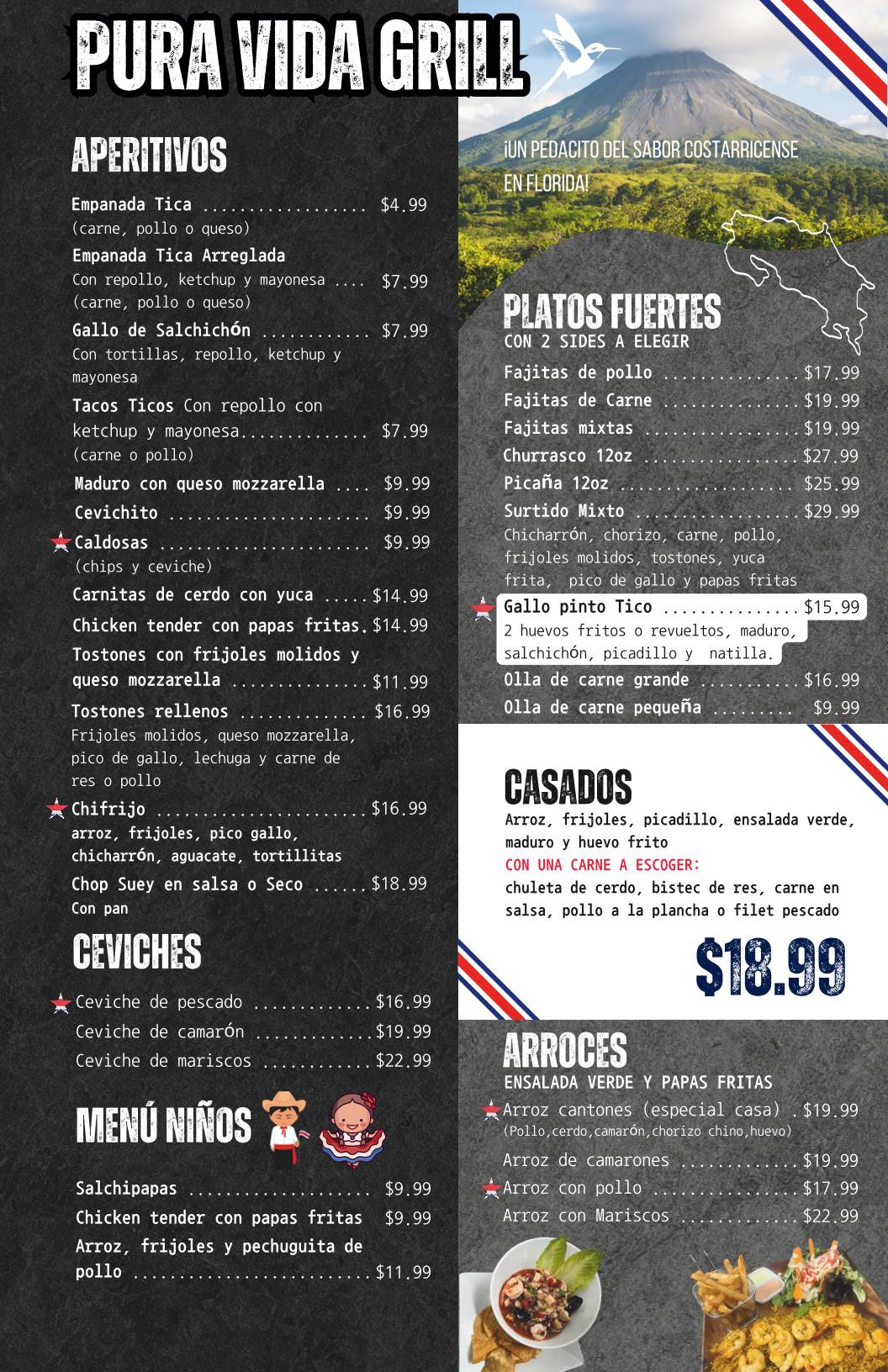 Menu at Pura Vida Grill restaurant, Winter Park