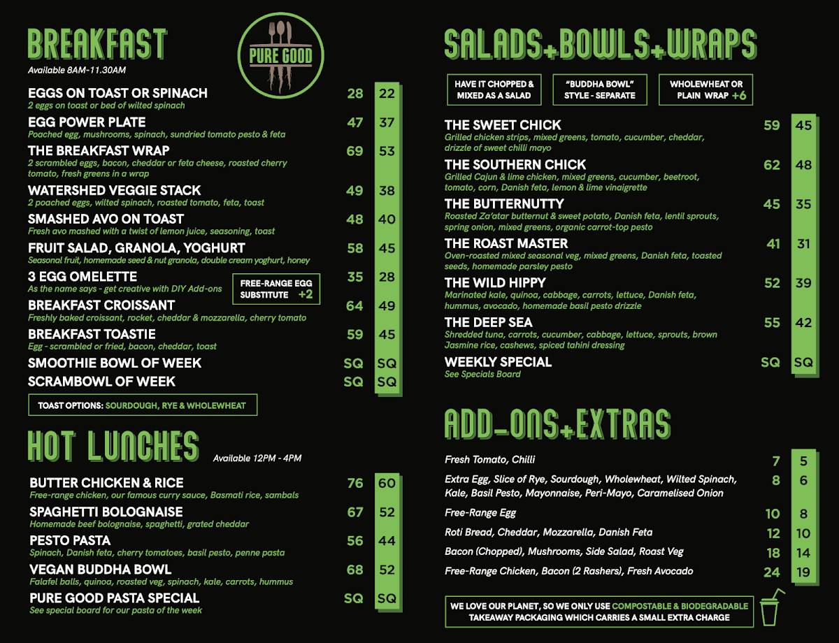 Menu at Pure Good restaurant, Cape Town, First Floor