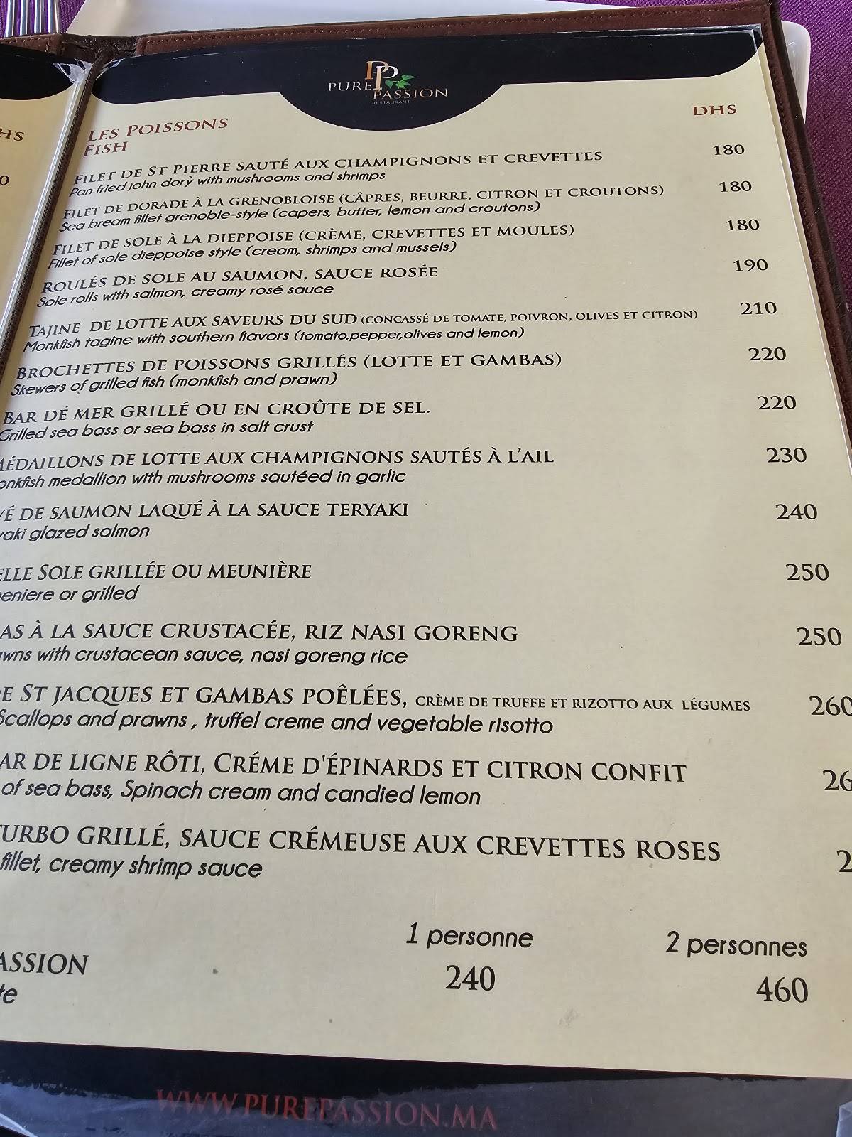 Menu at Pure Passion restaurant, Agadir, Résidence N°02 m1 Complexe Marina