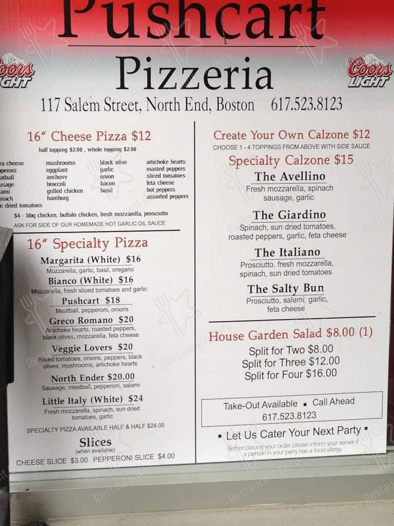 Carta de Pushcart Cafe & Pizzaria, Boston