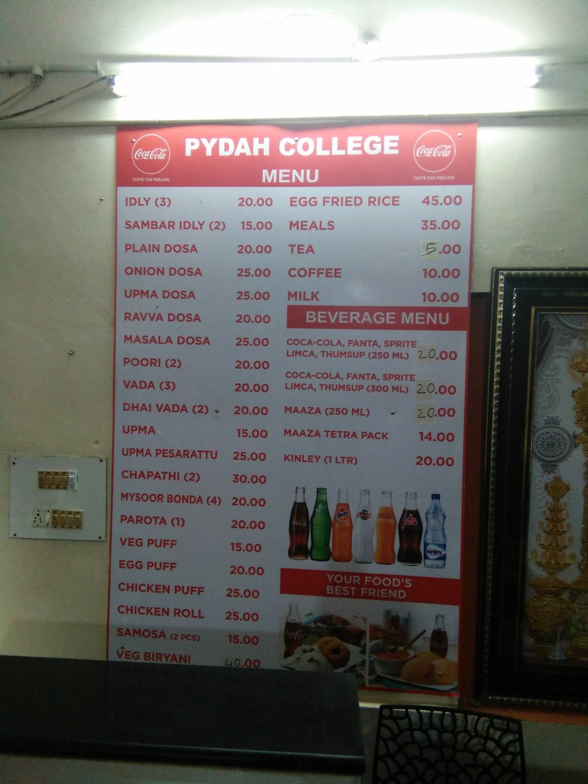 Menu at Pydah Engineering College Canteen, Visakhapatnam