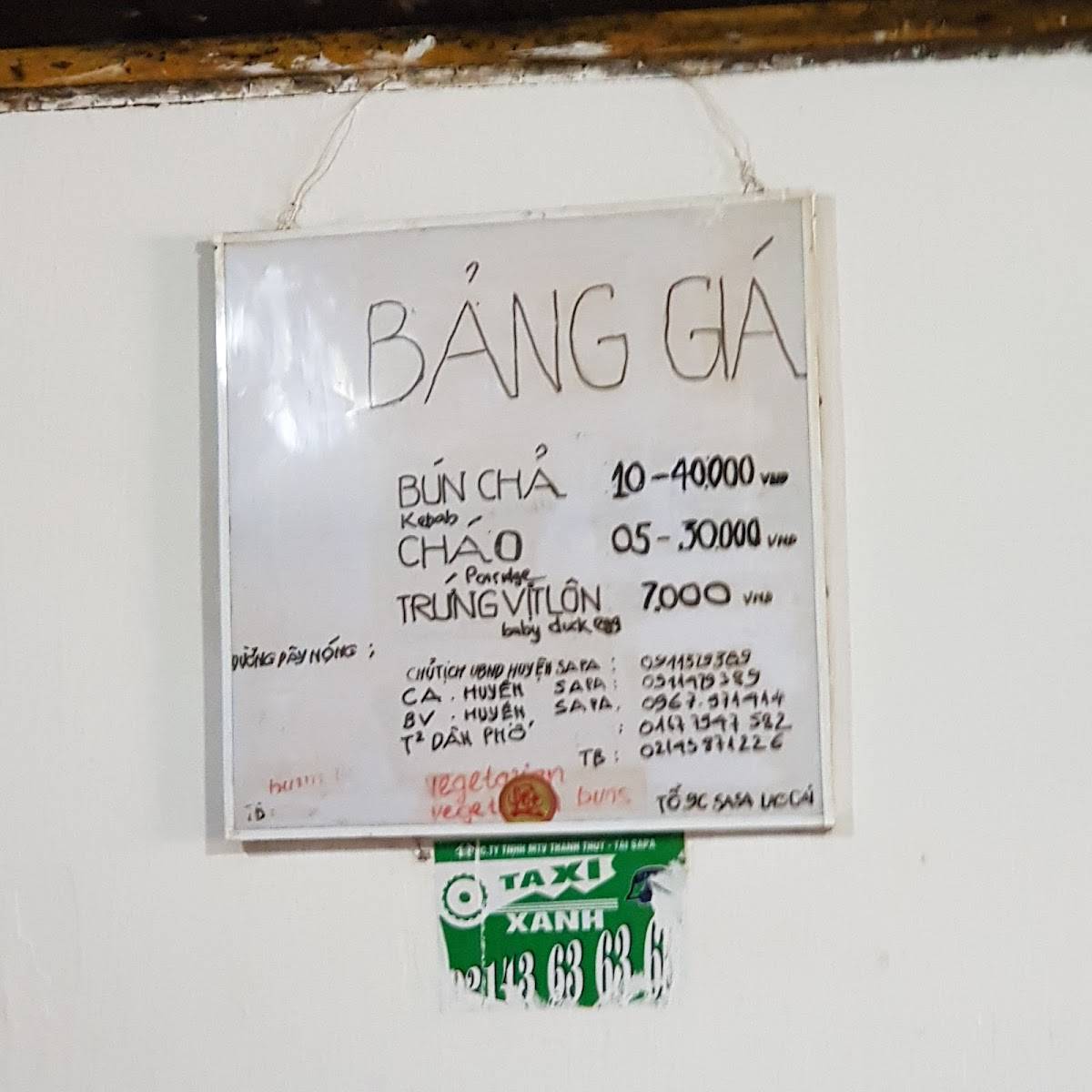 Menu at Quán Bún chả Nga Cảnh restaurant, Lao Cai, Đường Điện Biên Phủ