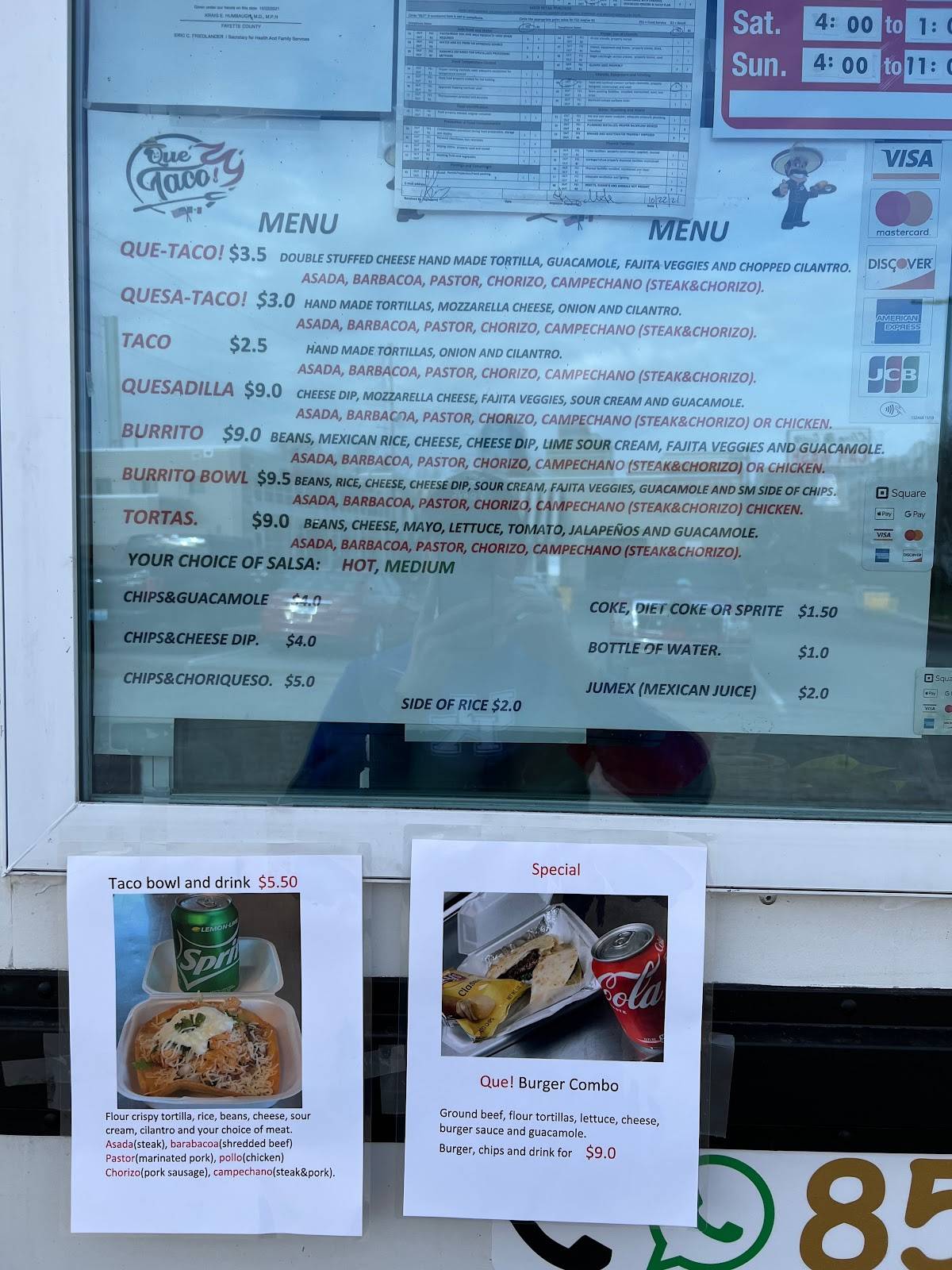 Carta del restaurante Que Taco, Lexington