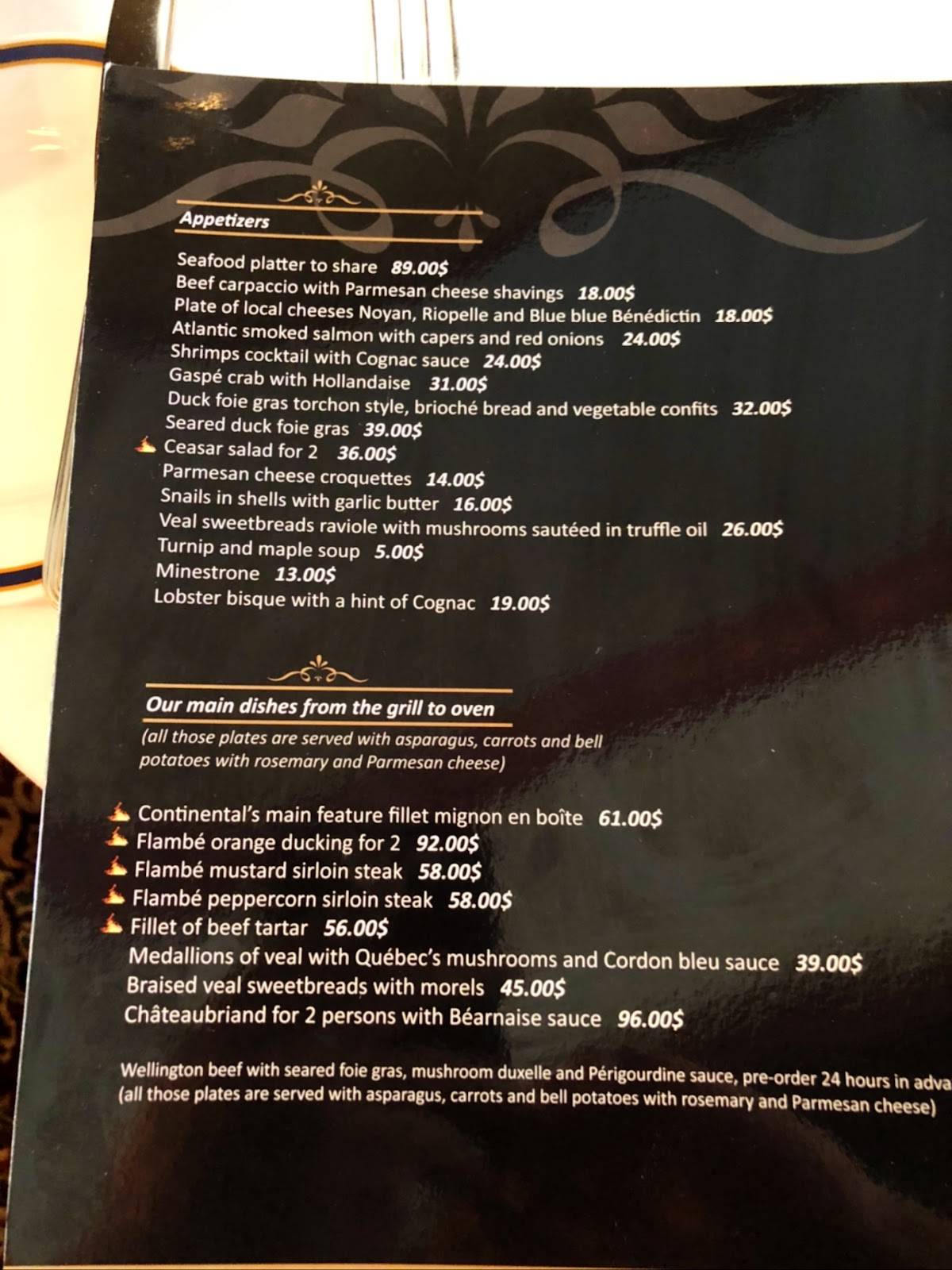 Menu au Le Continental restaurant, Québec