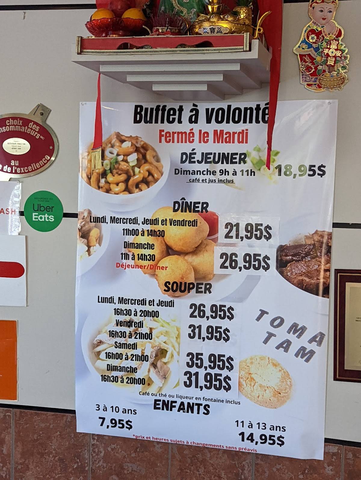 Menu au Restaurant Tomas Tam Inc, Québec, Wilfrid-Hamel Blvd