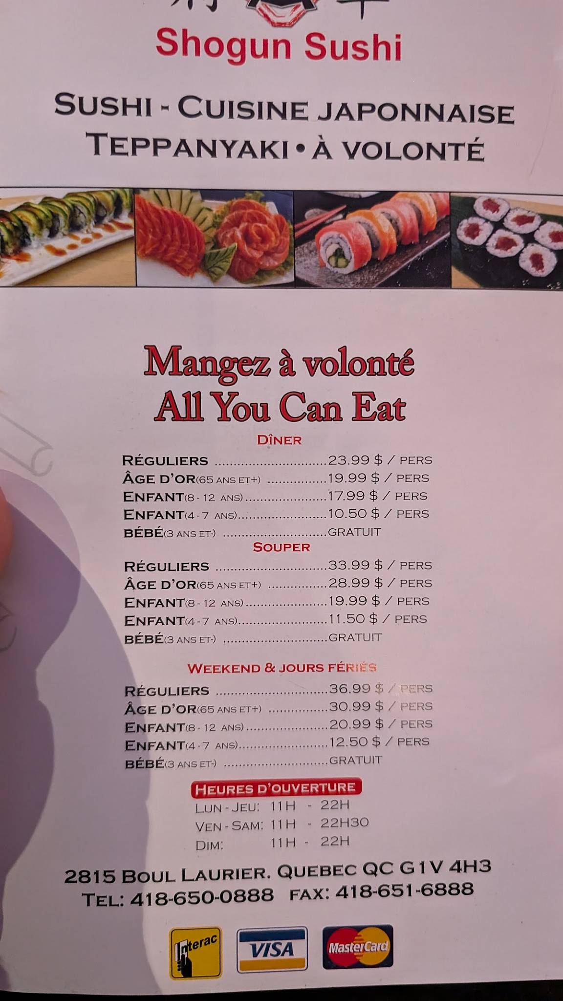 Menu au Shogun Sushi restaurant, Québec, Bd Laurier