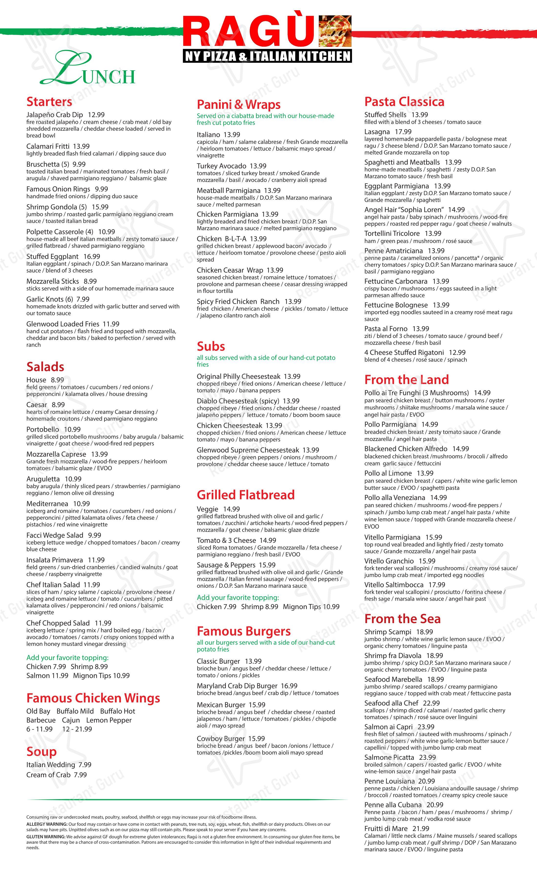 Menu at RAGU NY PIZZA & ITALIAN KITCHEN pizzeria, Glenwood