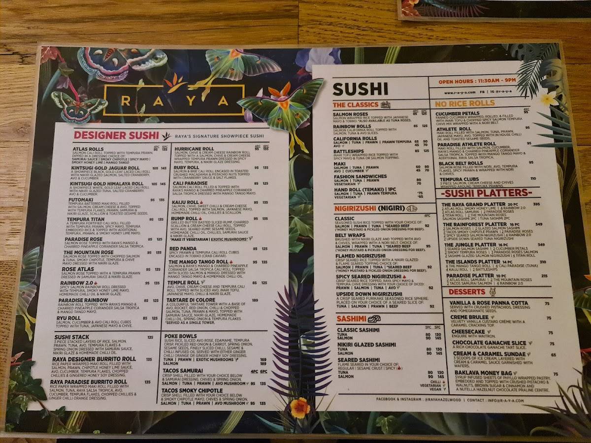 Menu at RAYA Hazelwood restaurant, Pretoria