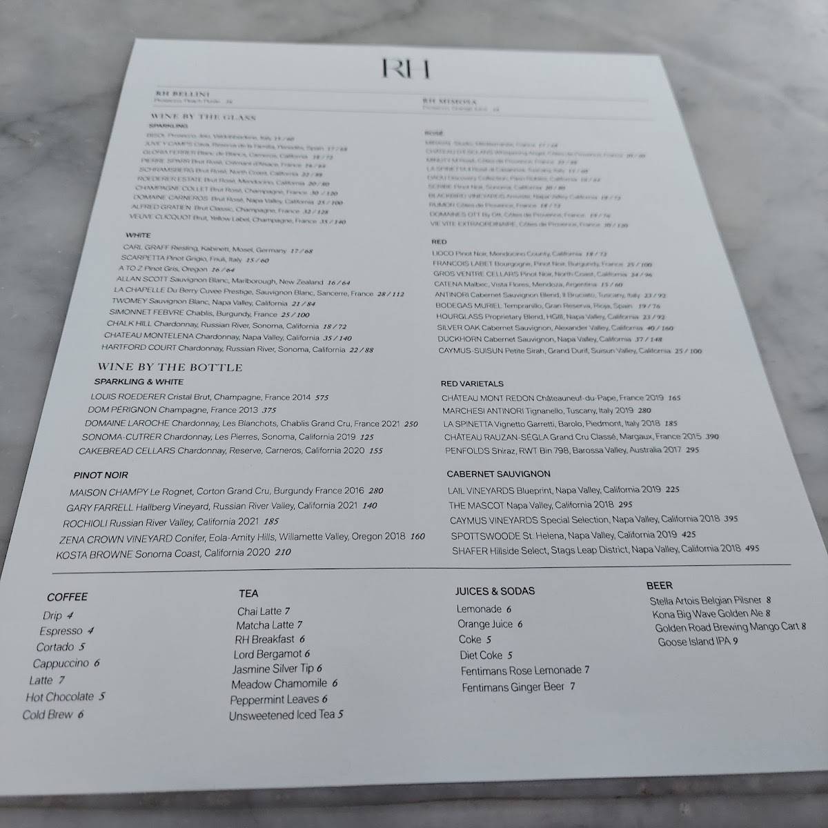 Menu at RH Yountville Restaurant, Yountville