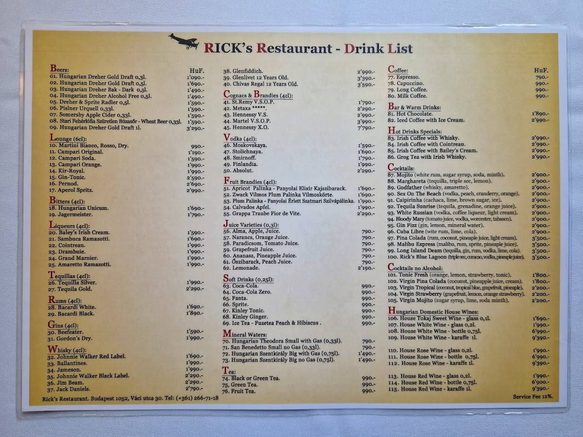 Menu at RICK'S RESTAURANT, Budapest