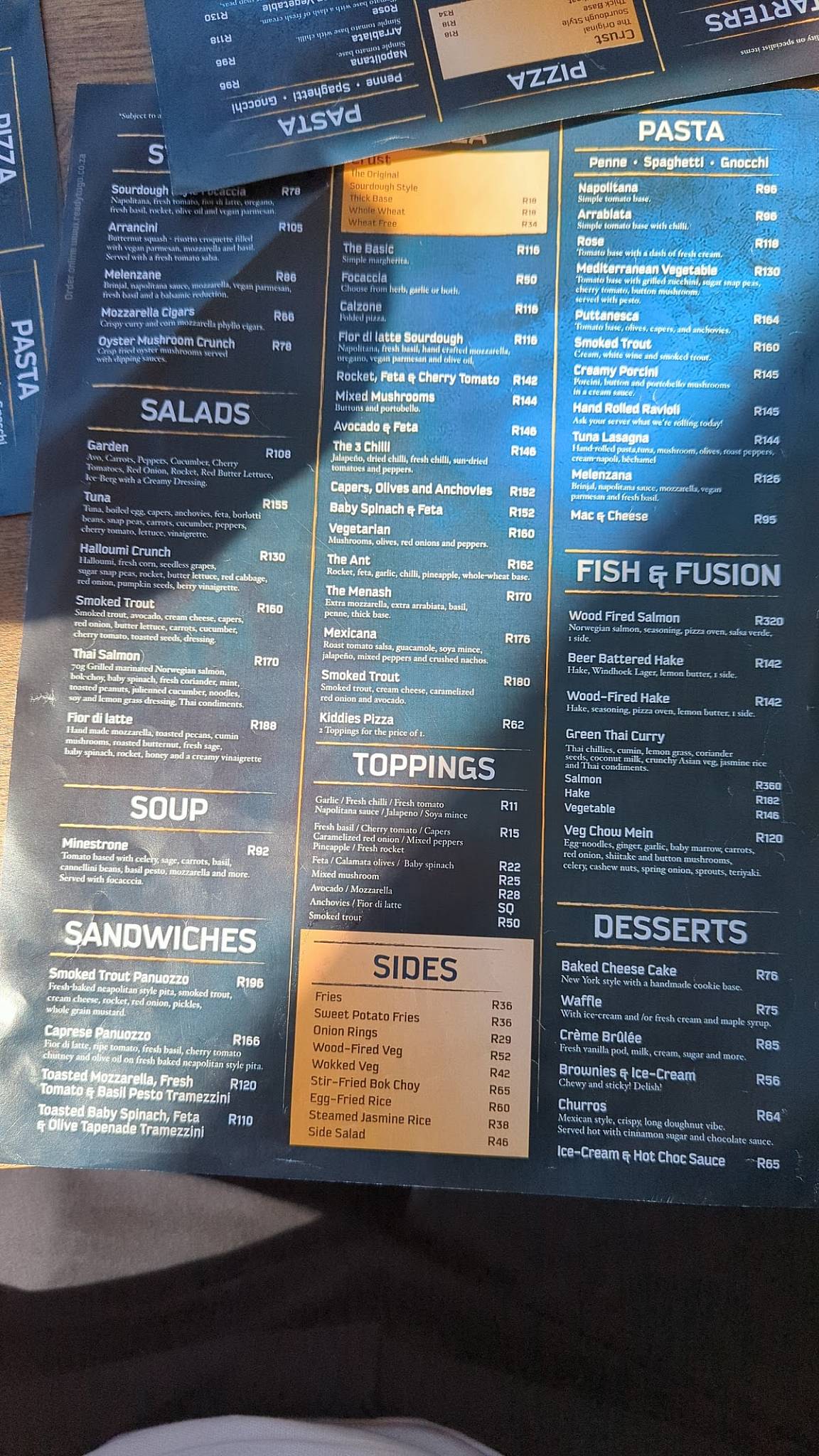 Menu at RTG restaurant, Johannesburg