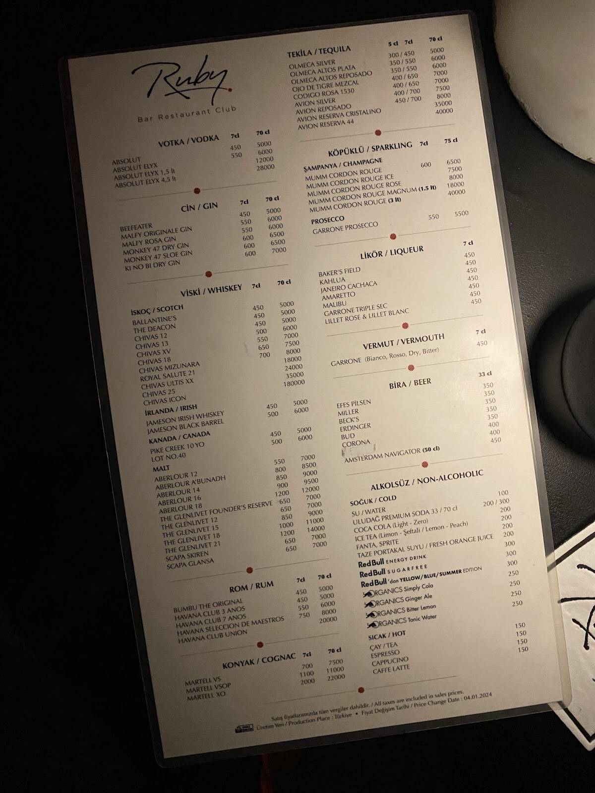 Menu at RUBY, Istanbul, Ortaköy Salhanesi Sk. No:5