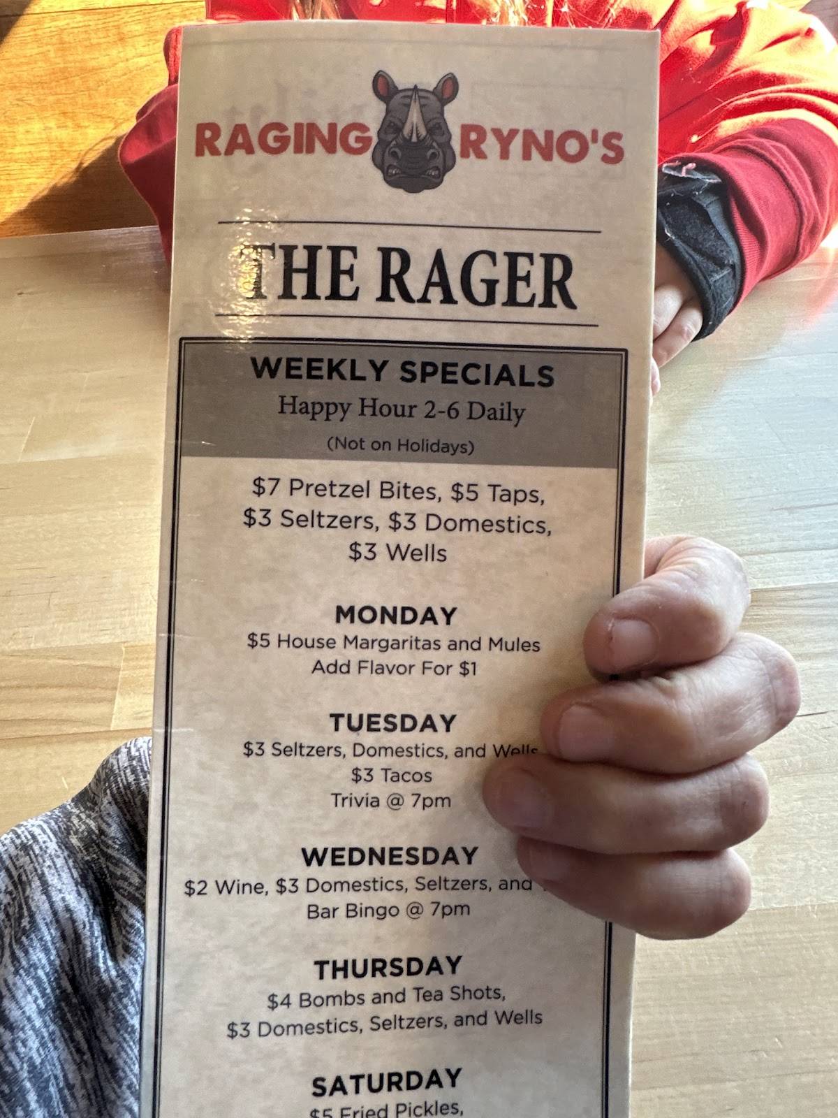 Menu at Raging Ryno's pub & bar, Cedar Rapids