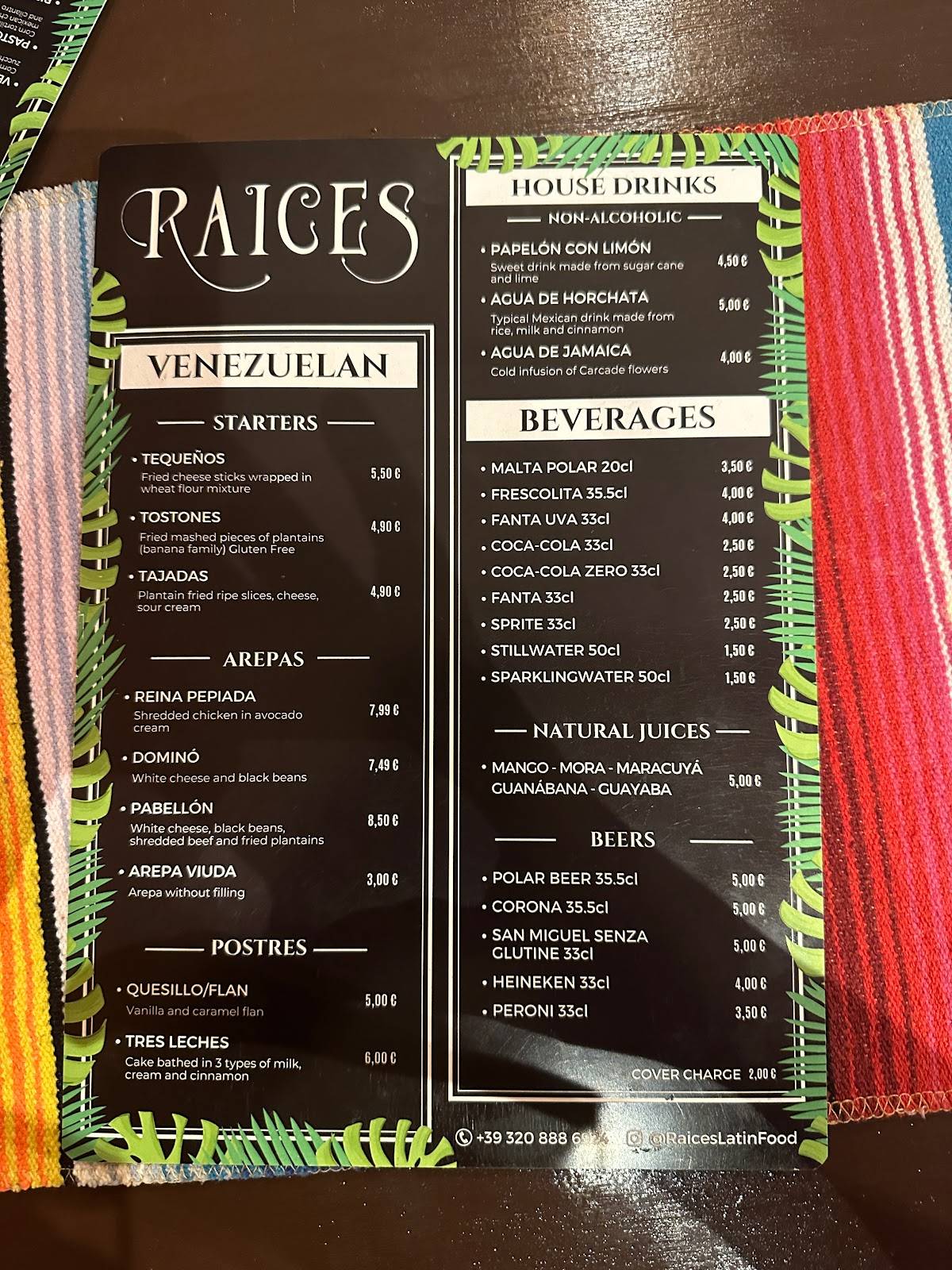 Menu at Raices Latin Food restaurant, Florence