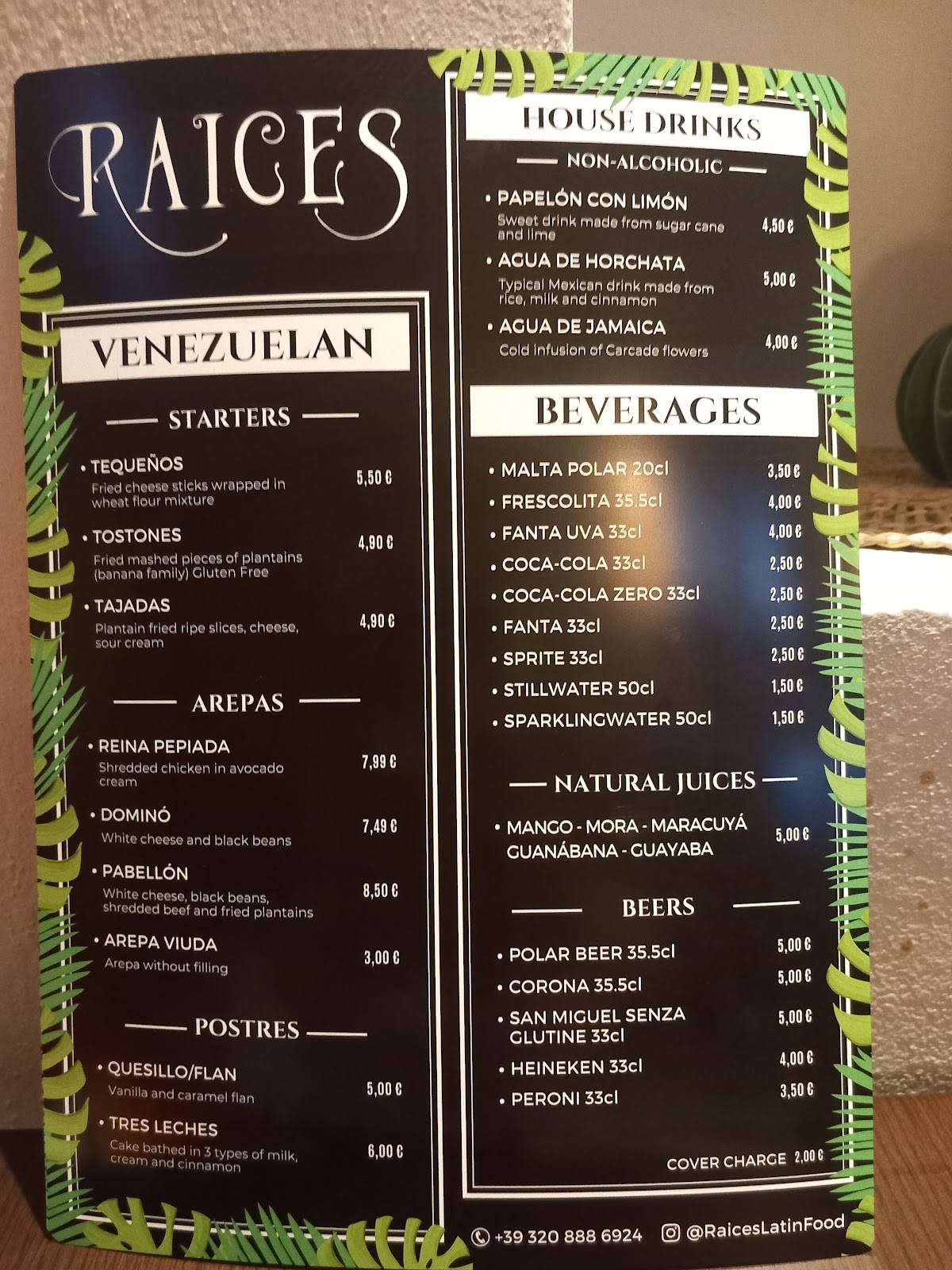 Menu da Raices Latin Food ristorante, Firenze