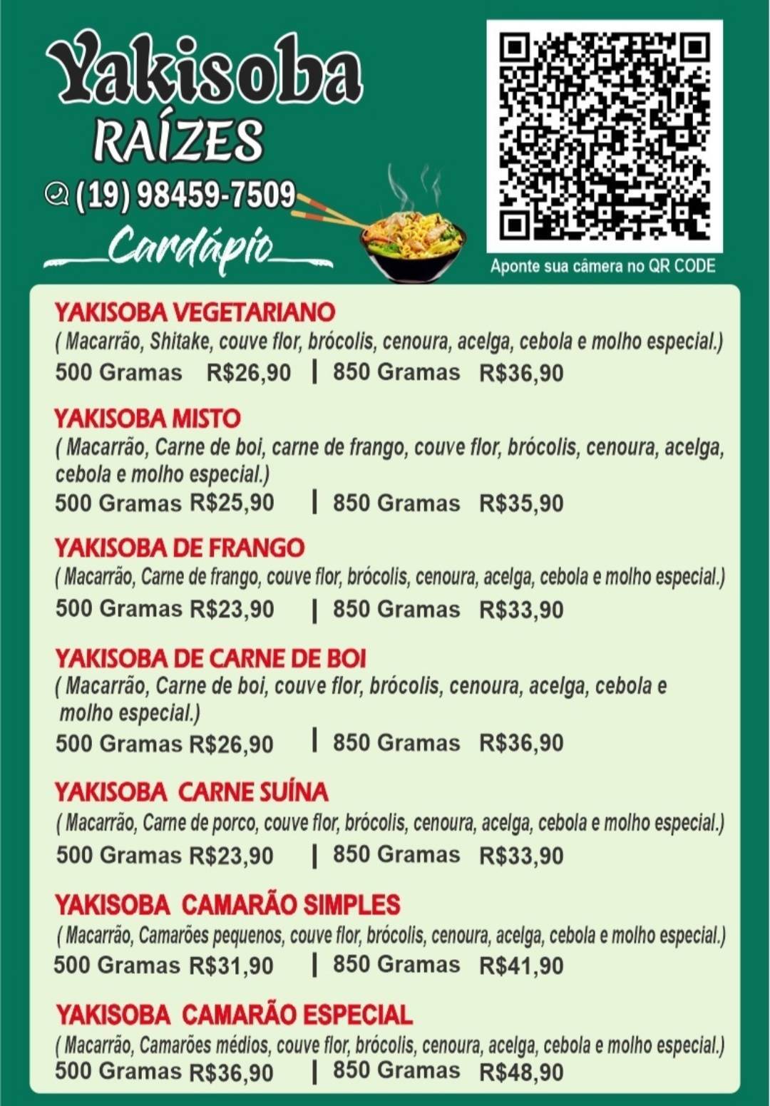 Menu at Raízes Yakisoba restaurant, Campinas