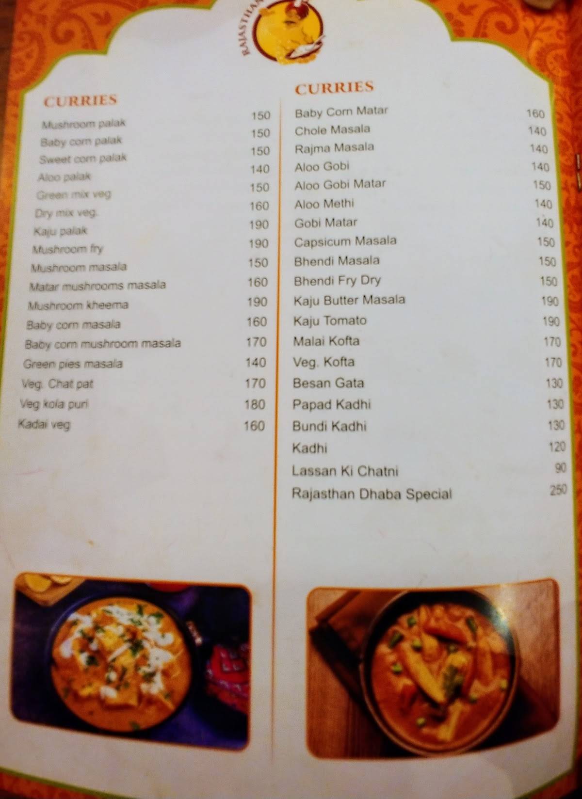 Menu at Rajasthan Dhaba, Hyderabad, 6-10-413